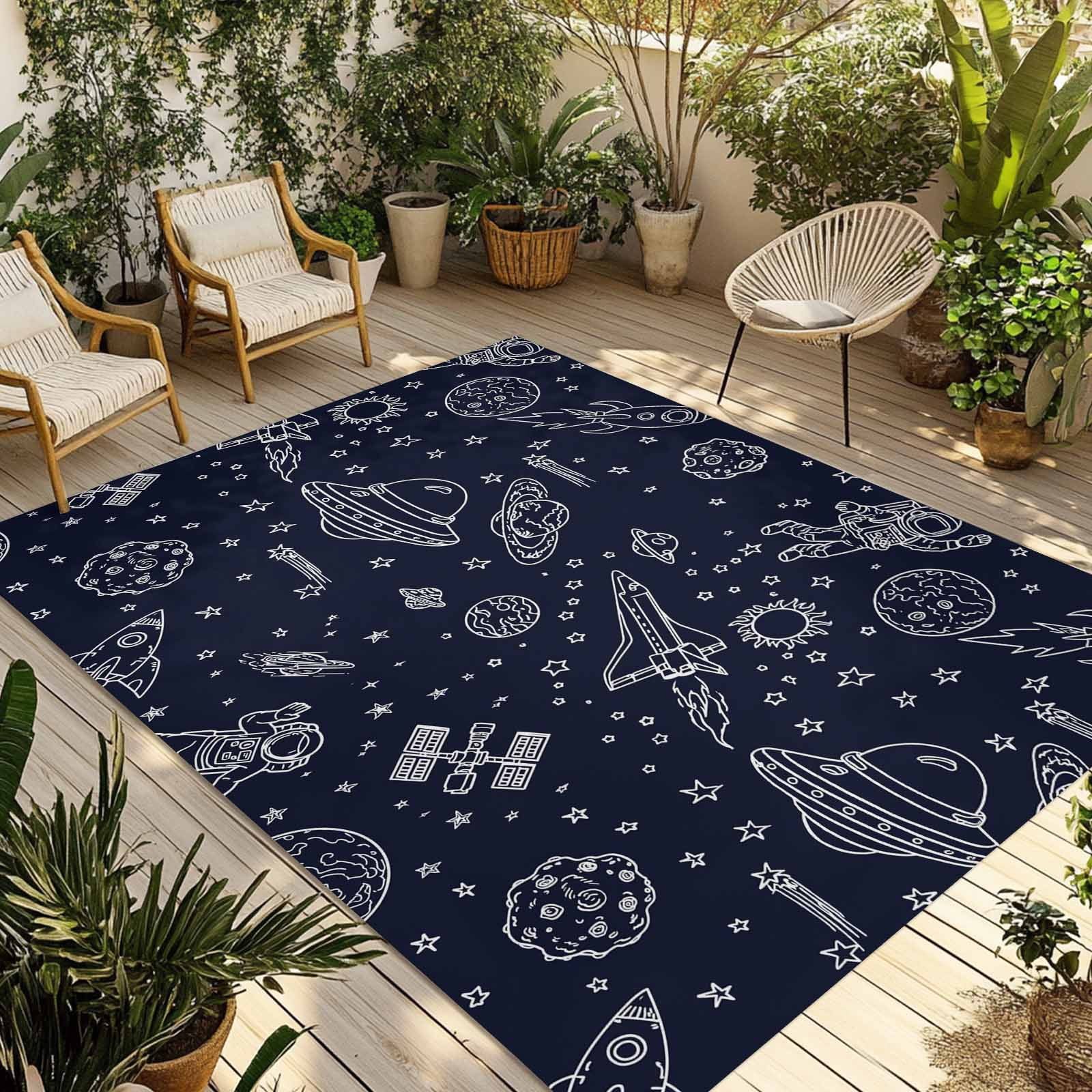 Cartoon Space Outdoor Rug for Patio/Deck/Porch, Non-Slip Large Area Rug ...