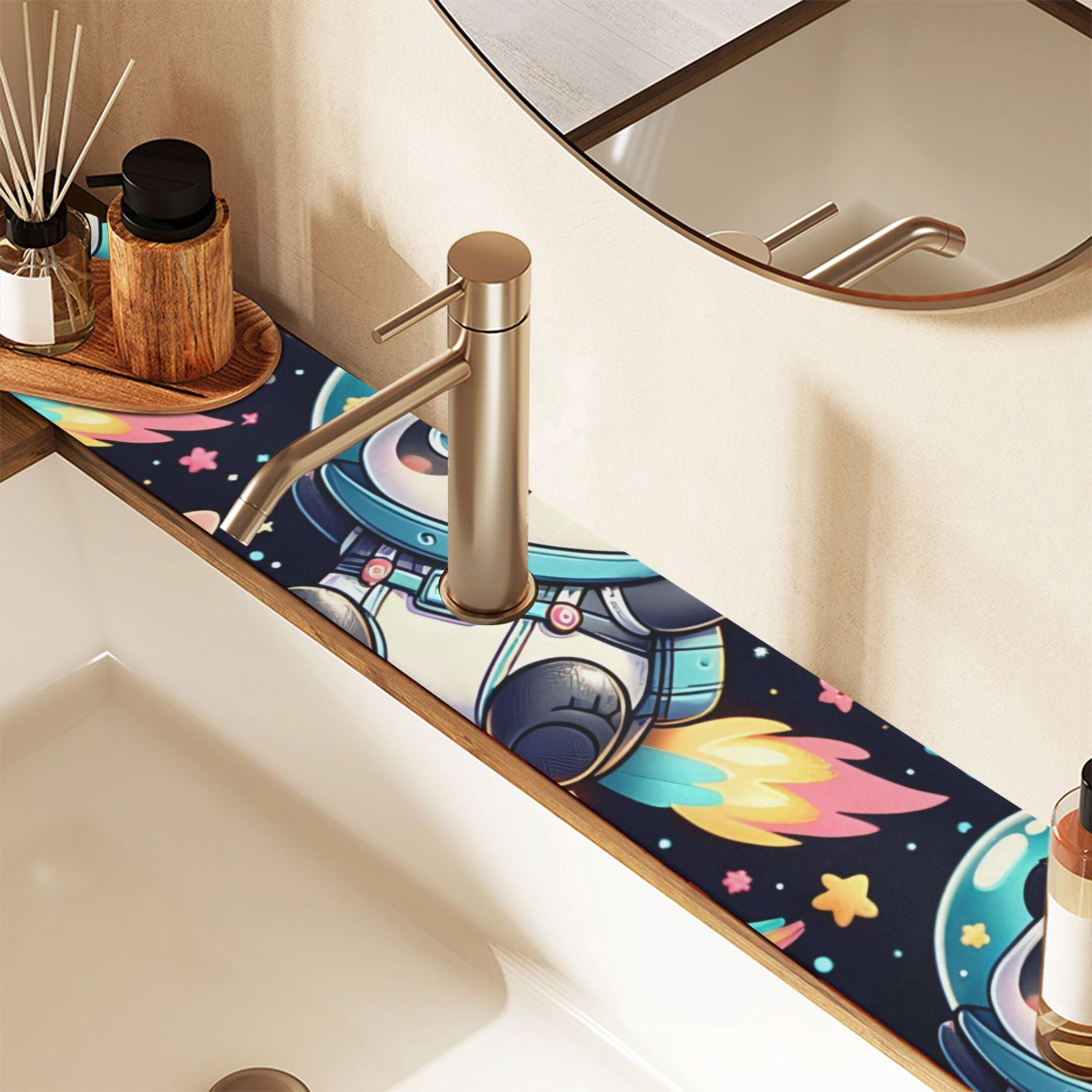 Cartoon Space Panda and Star Sink Splash Guard Faucet Drying Mat 30"x5 ...