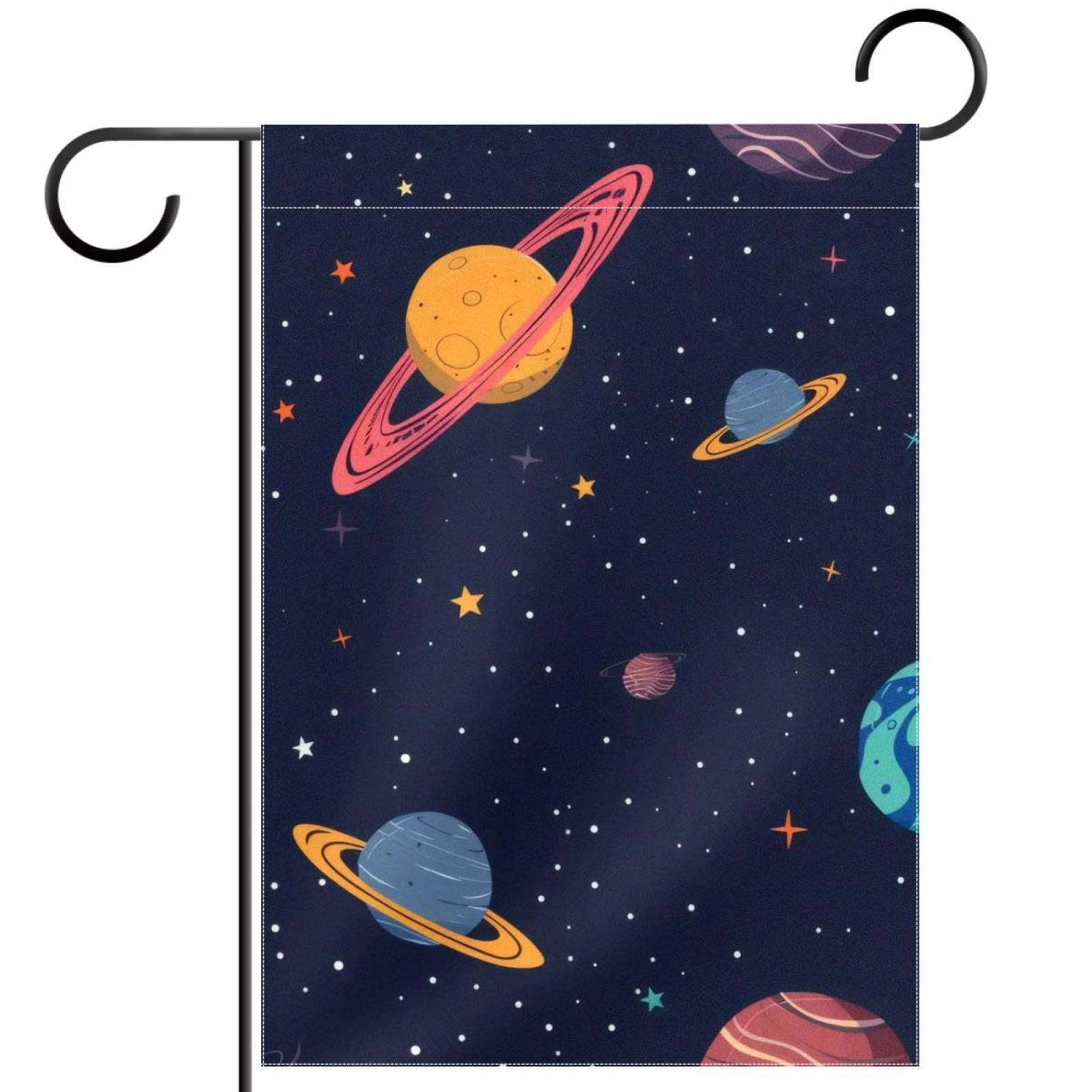 Cartoon Space Planets and Stars Night Sky Pattern Garden Flag Double ...