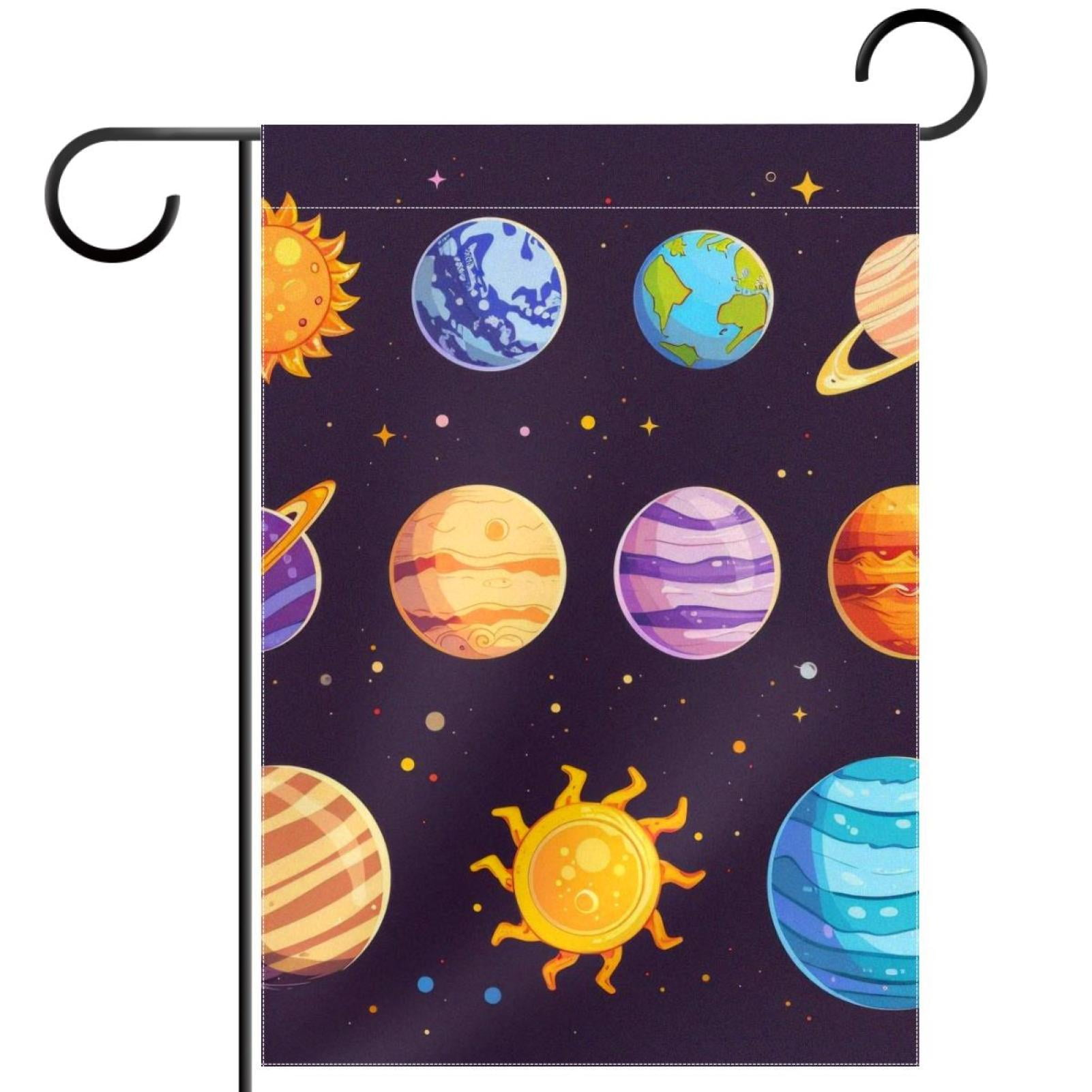 Cartoon Space Planets and Stars Pattern Garden Flag Double Sided House ...