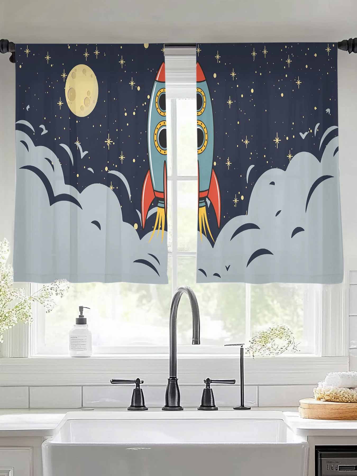 Cartoon Space Rocket Launch Stars and Moon Chiffon Sheer Curtains 45 ...