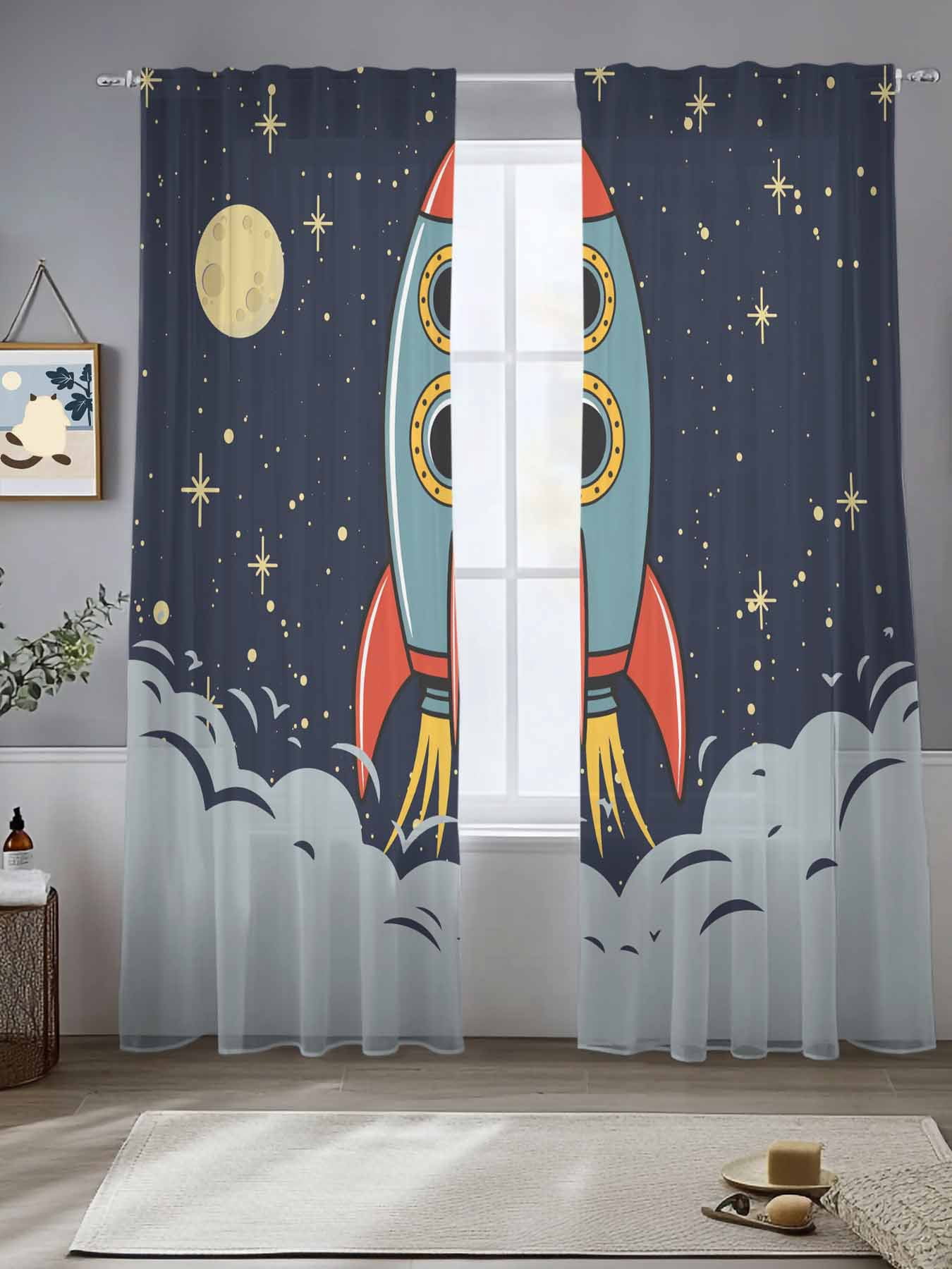 Cartoon Space Rocket Launch Stars and Moon Chiffon Sheer Curtains 96 ...
