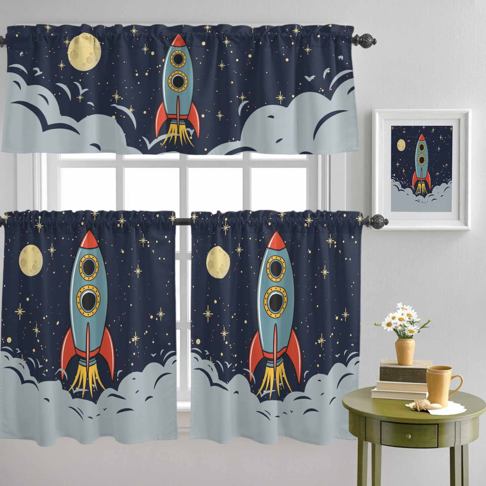 Cartoon Space Rocket Launch Stars and Moon Curtain Tier and Valance Set ...