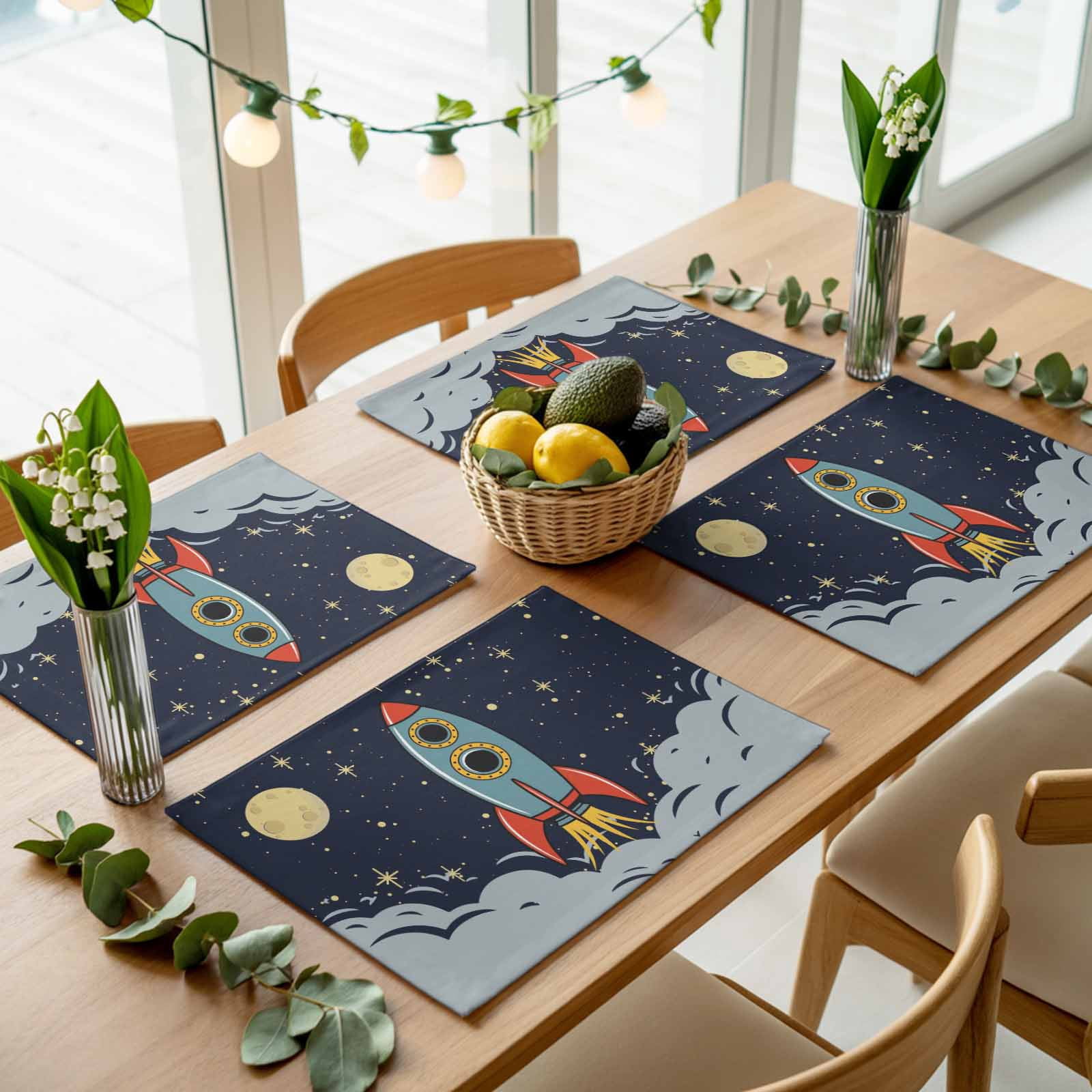 Cartoon Space Rocket Launch Stars and Moon Placemats Set of 4,Wipeable ...