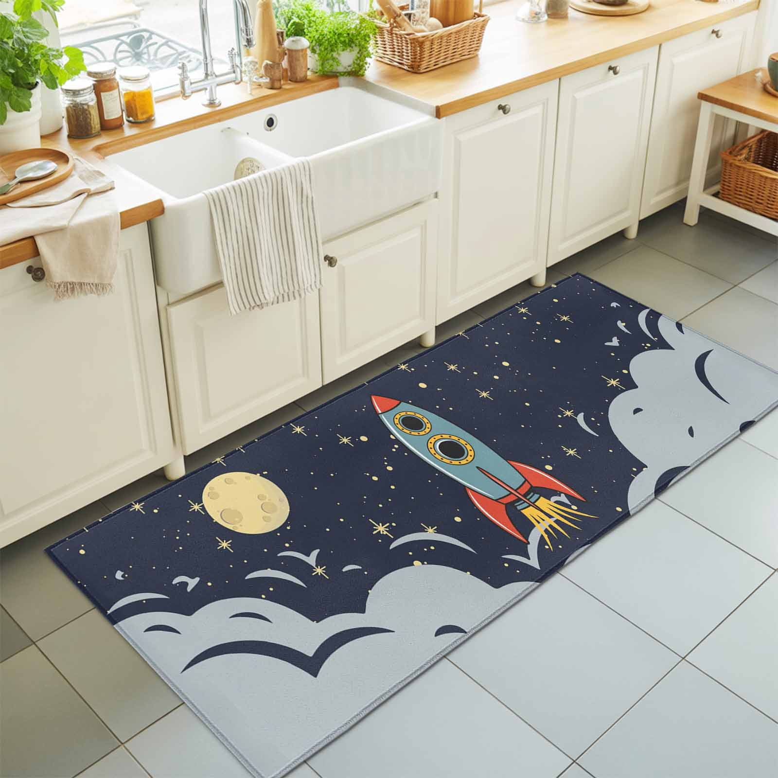 Cartoon Space Rocket Launch Stars and Moon Rectangle Rug 2'x6' Outer ...