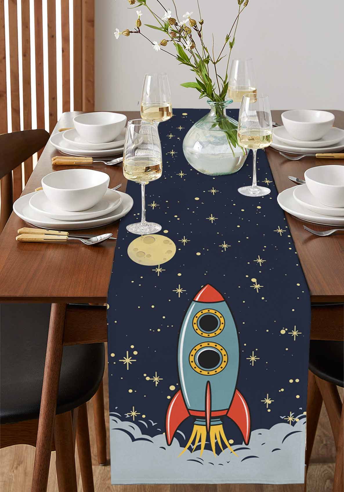 Cartoon Space Rocket Launch Stars and Moon Table Runner 13x36in Non ...