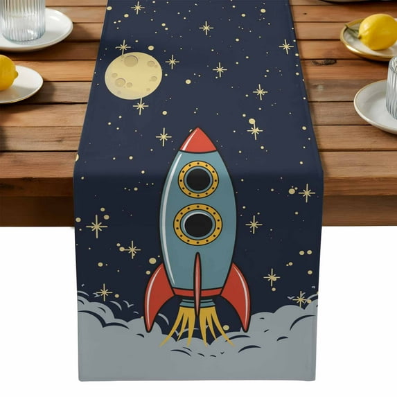 Cartoon Space Rocket Launch Stars and Moon Table Runners 13x70 Inches ...