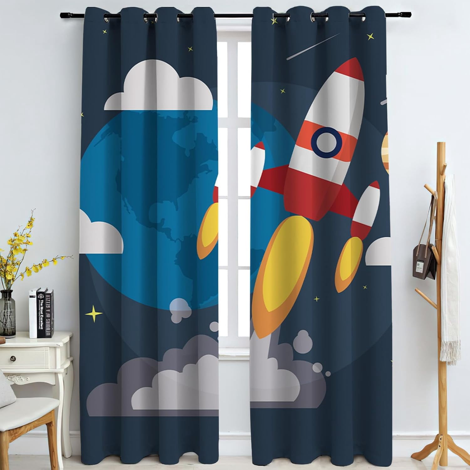 Cartoon Space Rocket Window Curtains, Universe Planet Galaxy 3D ...