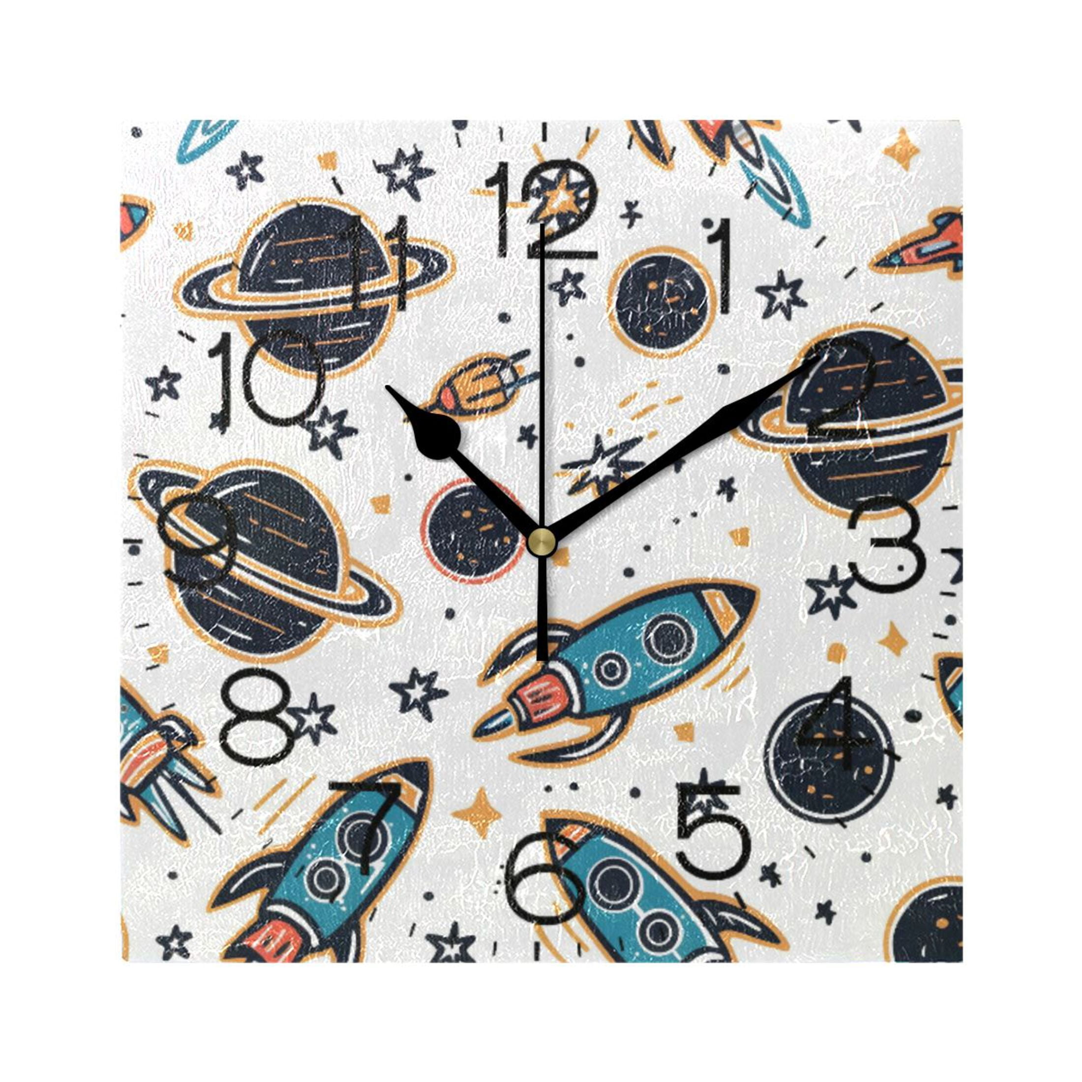 Cartoon Space Rockets and Planets Wall Clock 7.78" Non-Ticking Silent ...