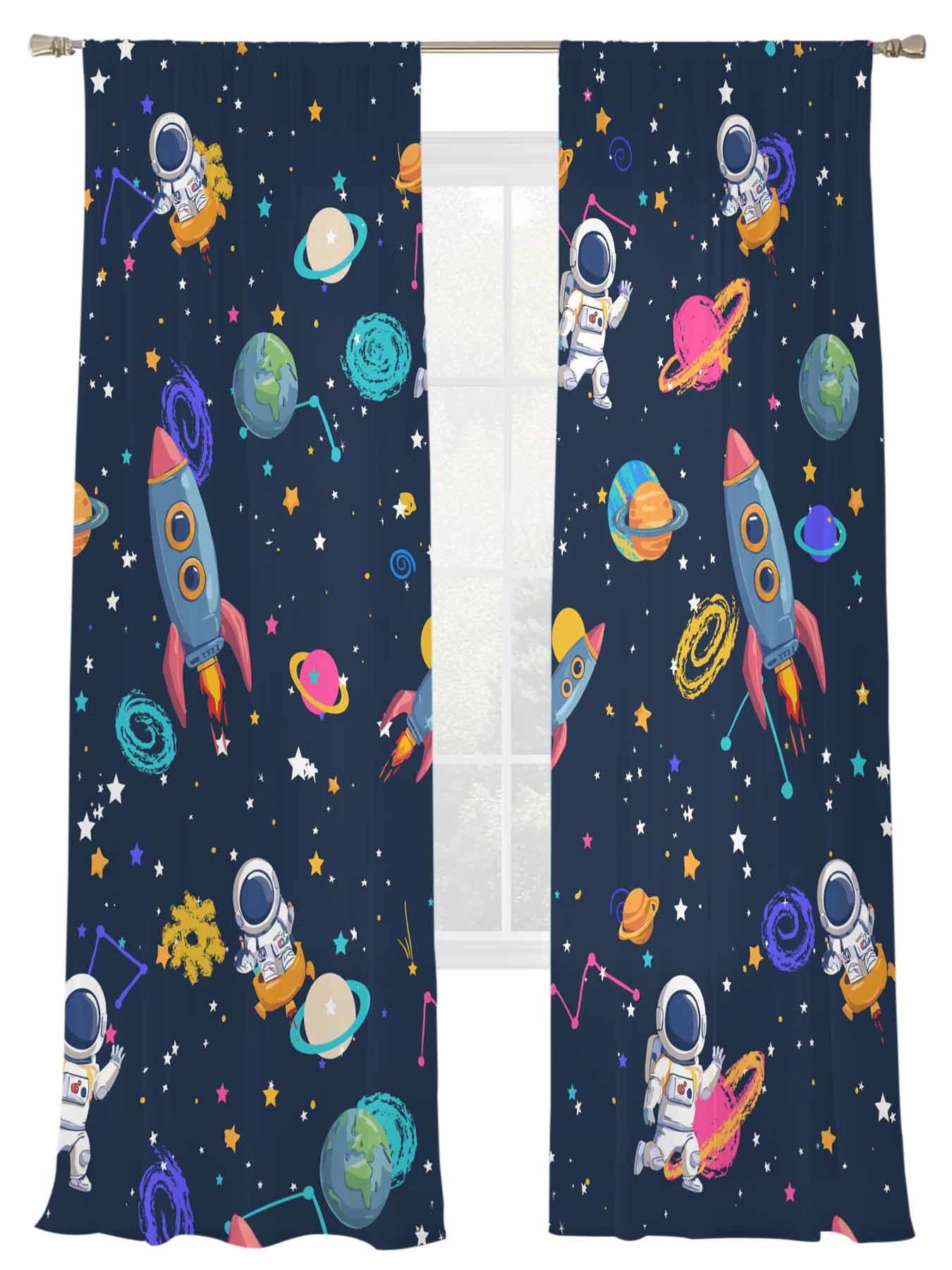 Cartoon Space Sheer Curtains 84 inches Long 2 Panels Set Rockets ...