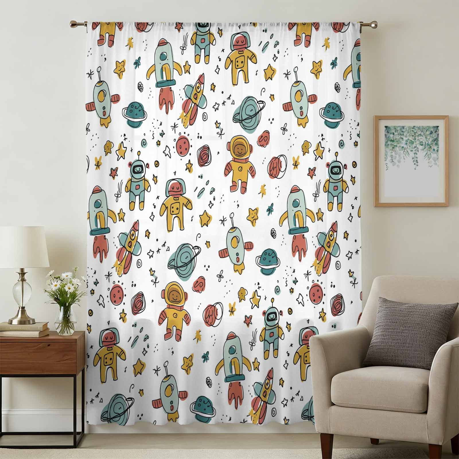 Cartoon Space Sheer Curtains 96 Inches Long for Living Room, Funny Cute ...