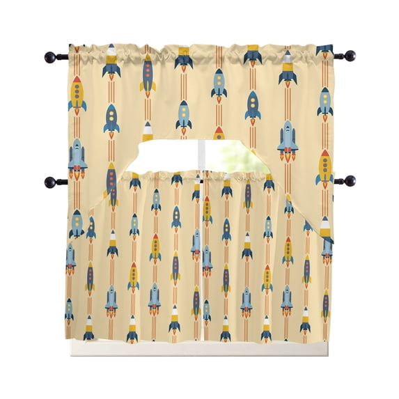 Cartoon Space Shuttle Kitchen Curtains Set for Windows 3 Piece Cafe ...