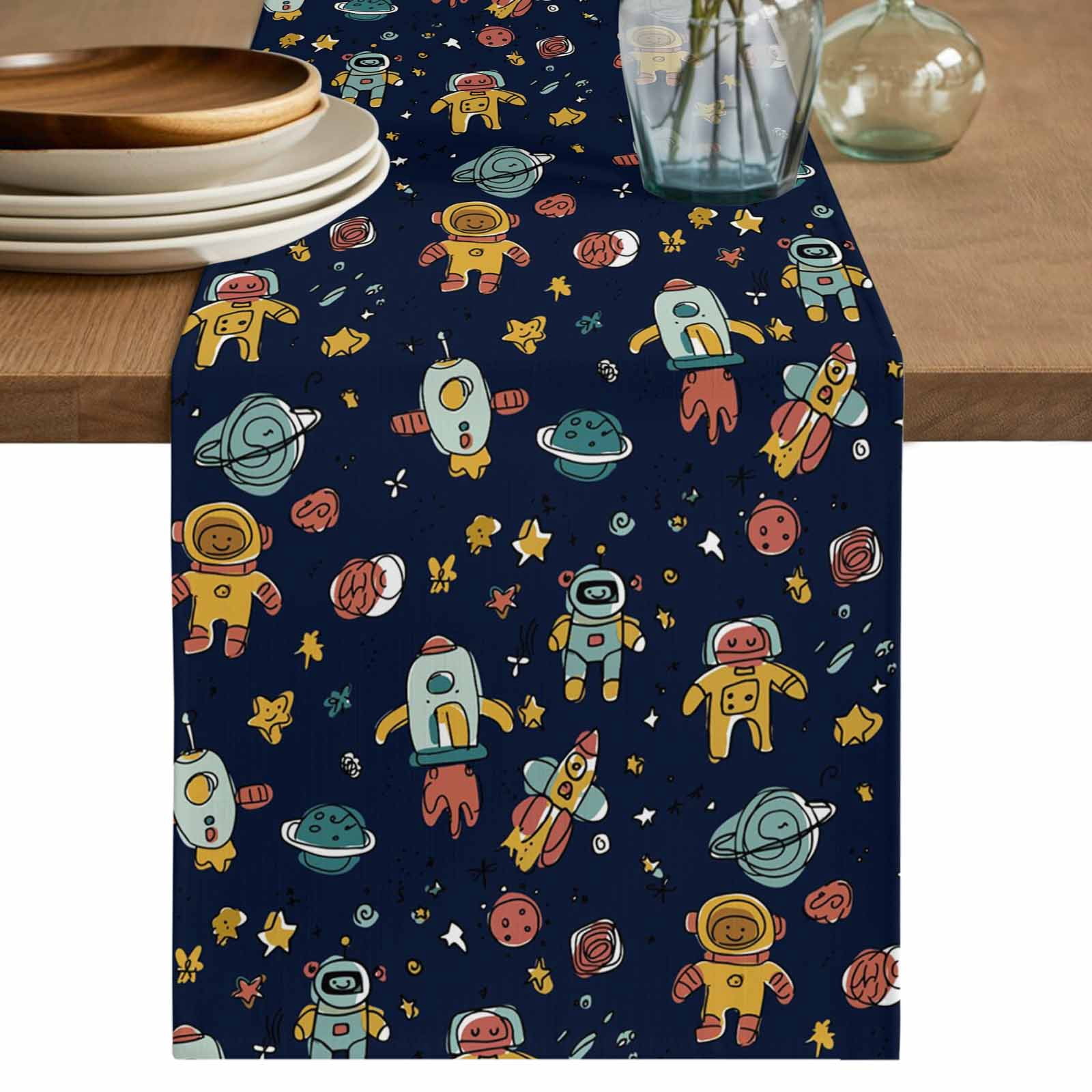 Cartoon Space Table Runner 36 Inches, Funny Cute Rocket Planet Navy ...