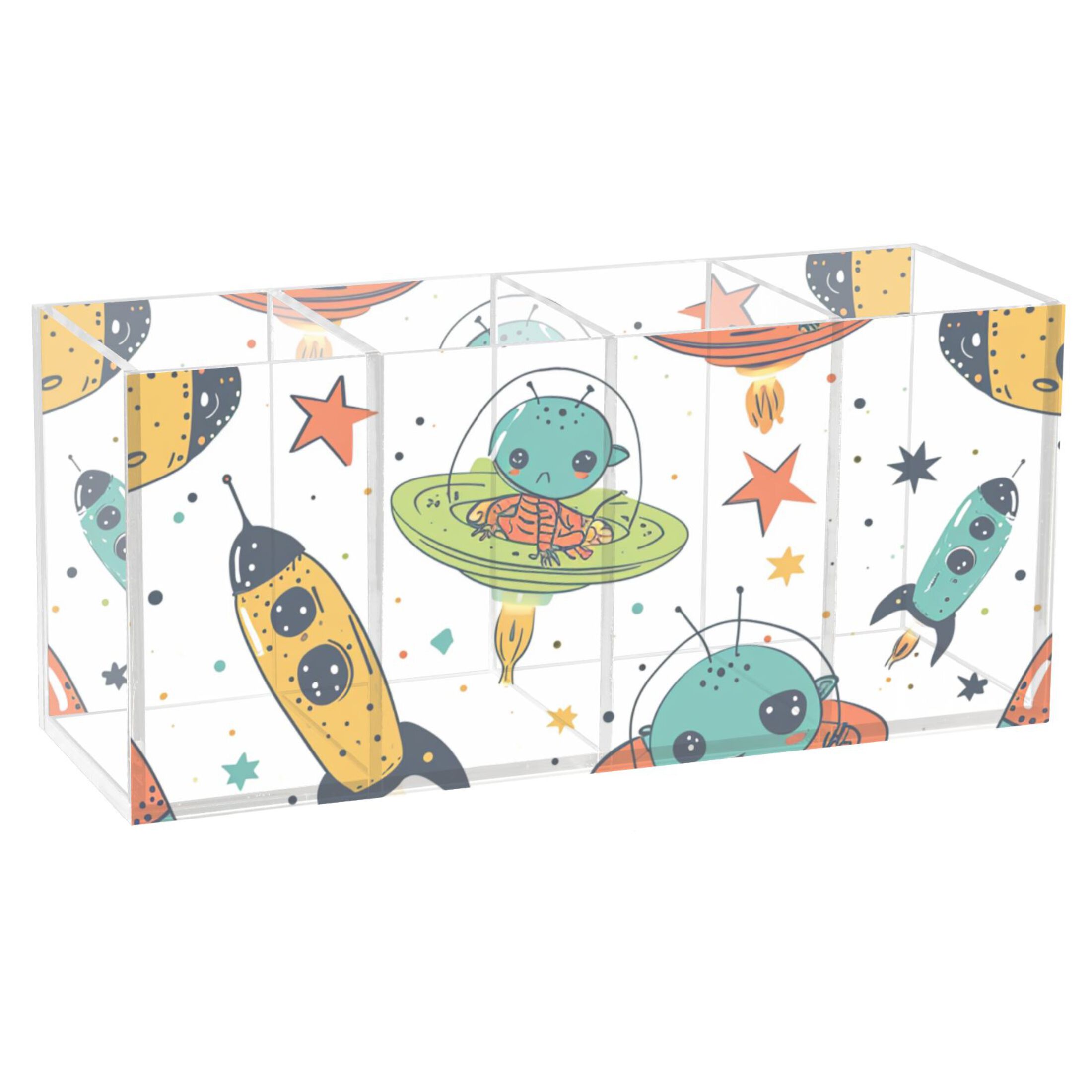 Cartoon Spacecraft Acrylic Pen Holder Cup 4 Compartments Clear Pencil ...