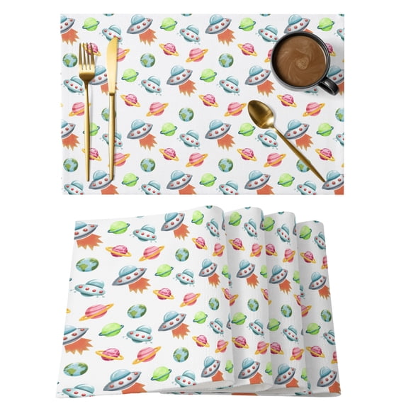 Cartoon Spacecraft Cotton Linen Placemats Set of 4, Green Red Planet ...
