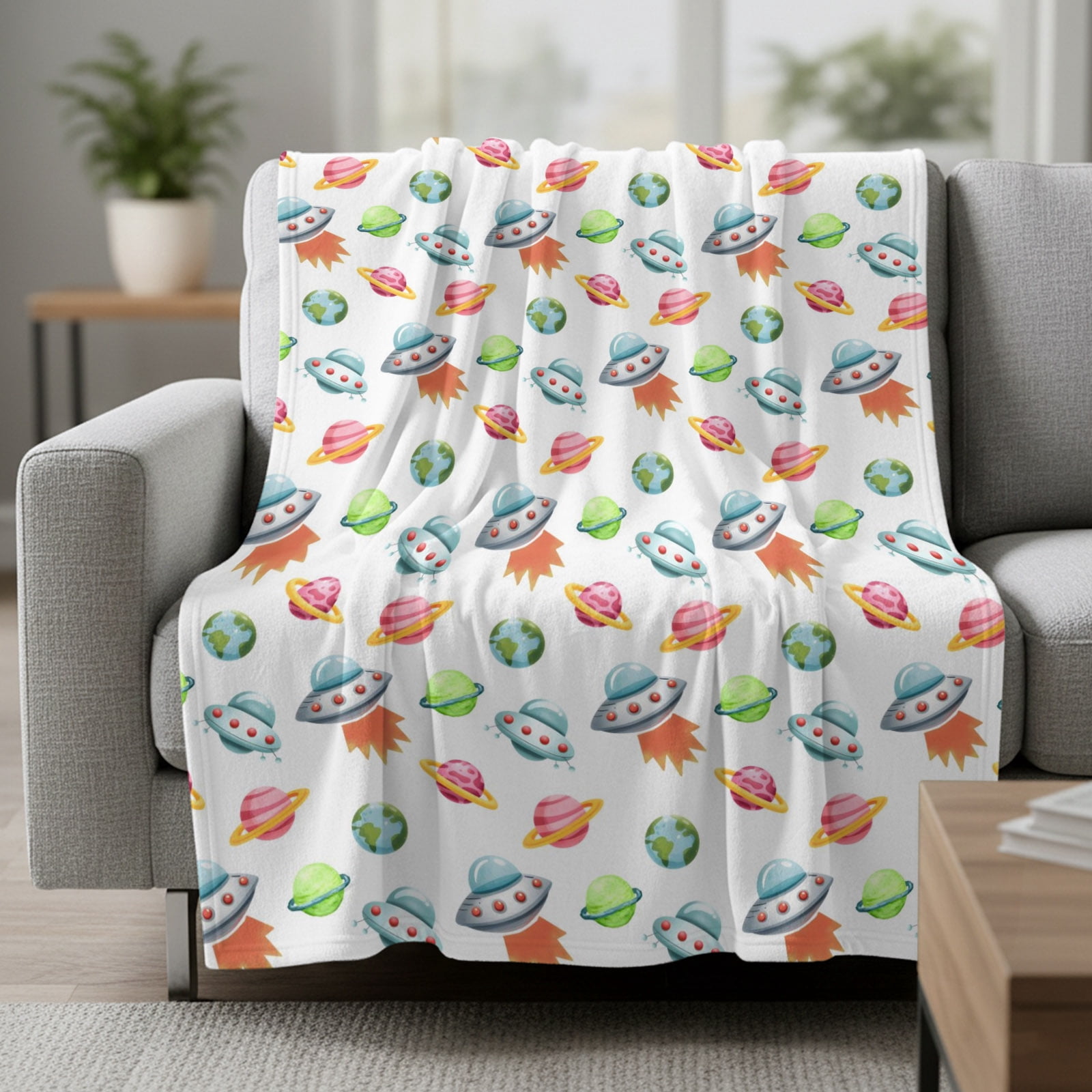 Cartoon Spacecraft Fleece Throw Blanket Green Red Planet Abstract Earth ...