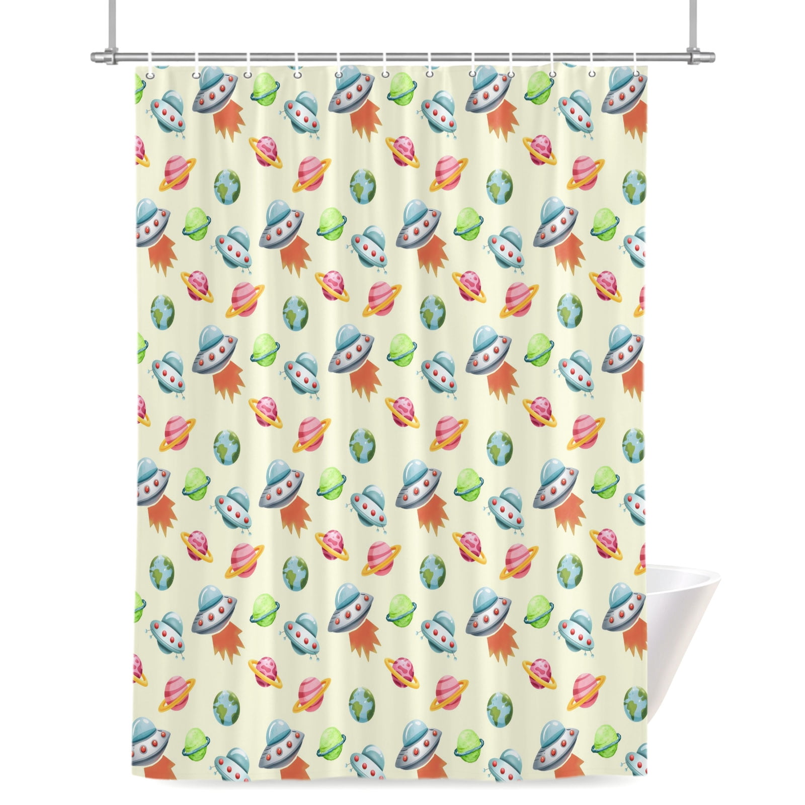Cartoon Spacecraft Shower Curtains for Bathroom, Green Red Planet ...