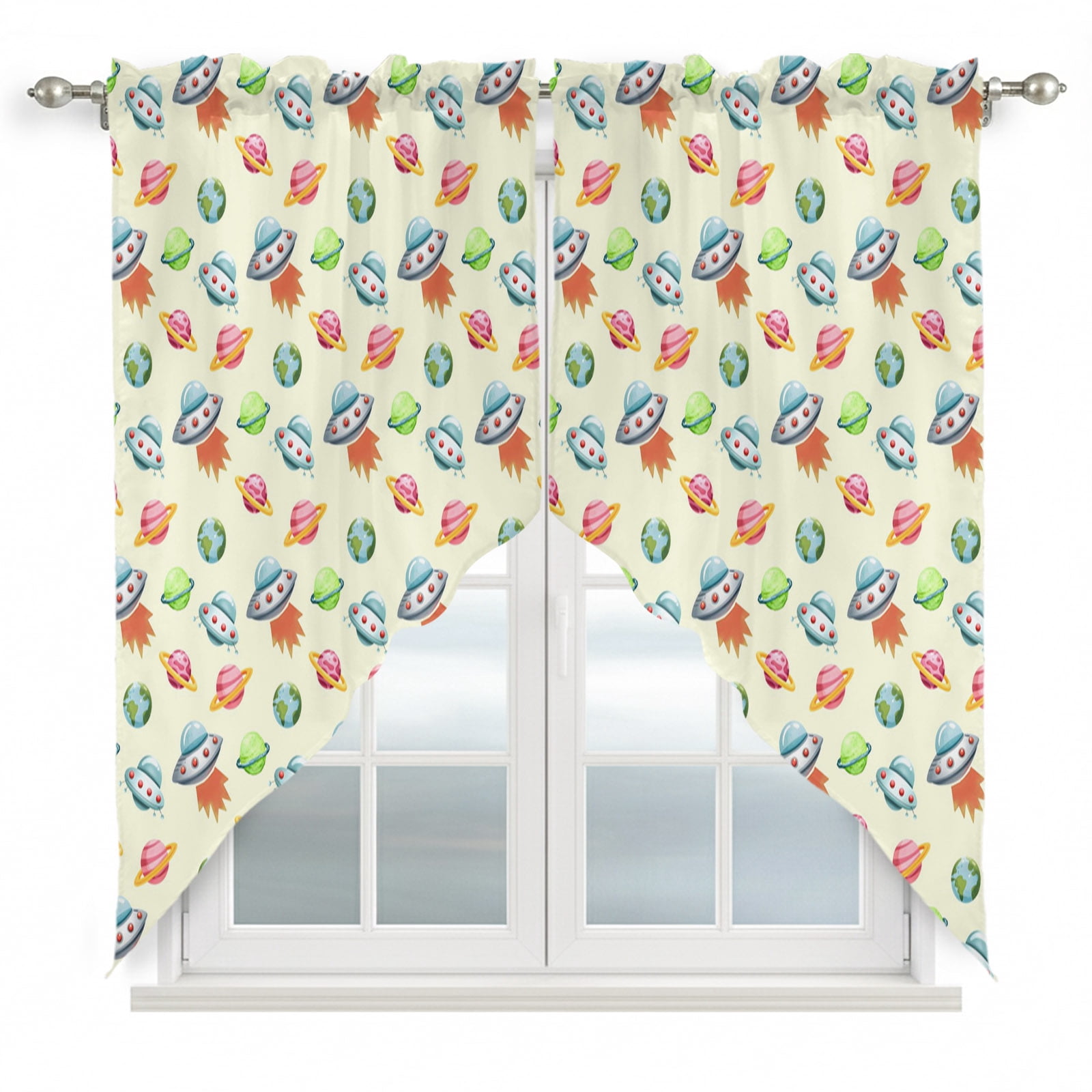 Cartoon Spacecraft Swag Curtain Valance for Window 2 Panels Green Red ...
