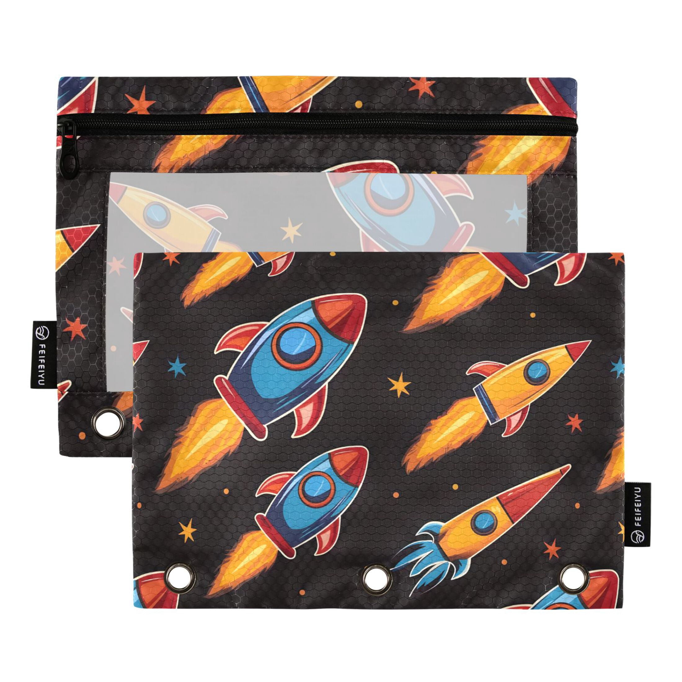 Cartoon Spaceship Rocket 2 Pack Pencil Pouch for 3 Ring Binder Smooth ...