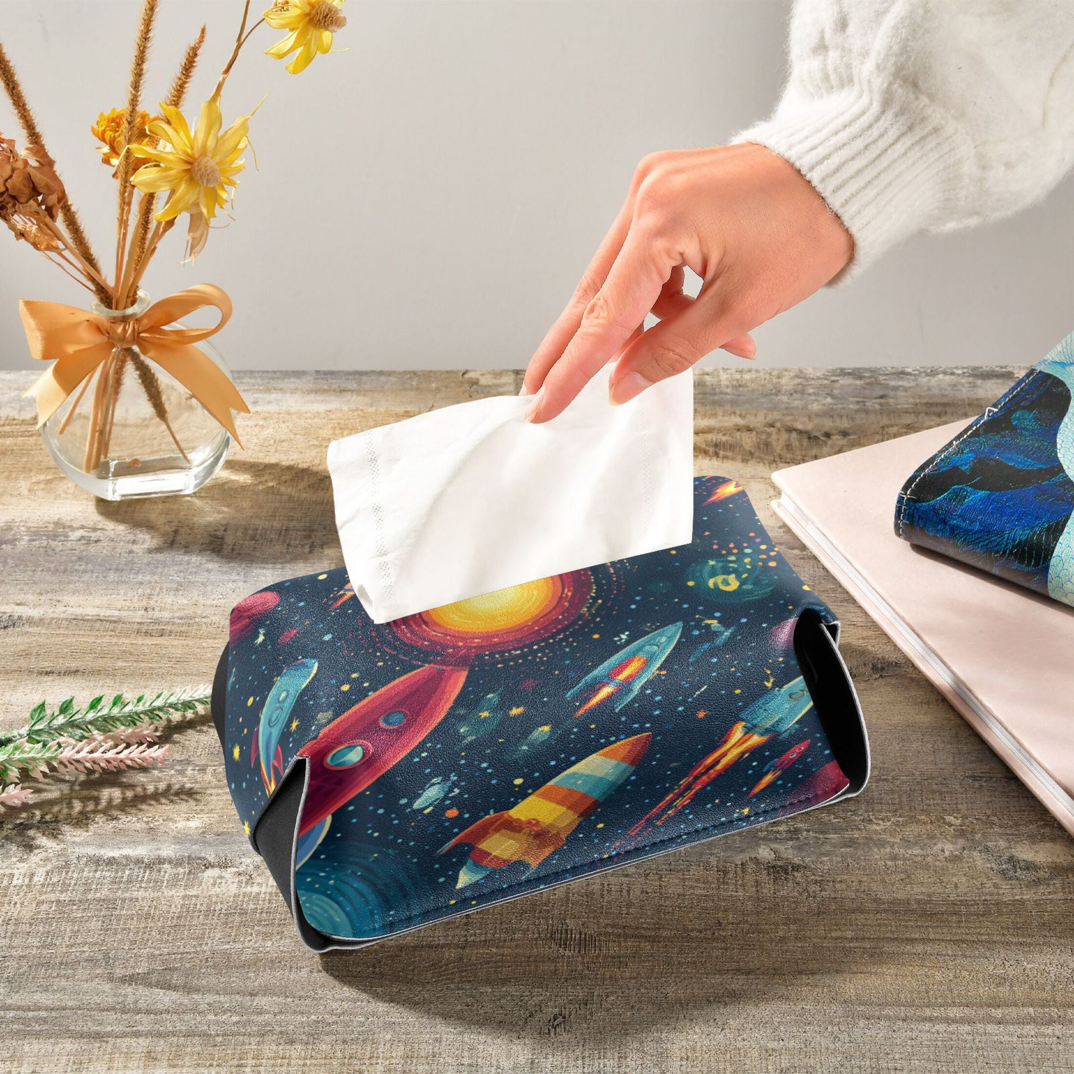 Cartoon Spaceships Flying Through Planets Leather Tissue Box Cover ...