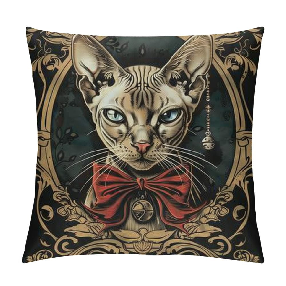 Cartoon Sphynx Throw Pillow Cover for Kids Red Bow Bell Cushion Cover ...