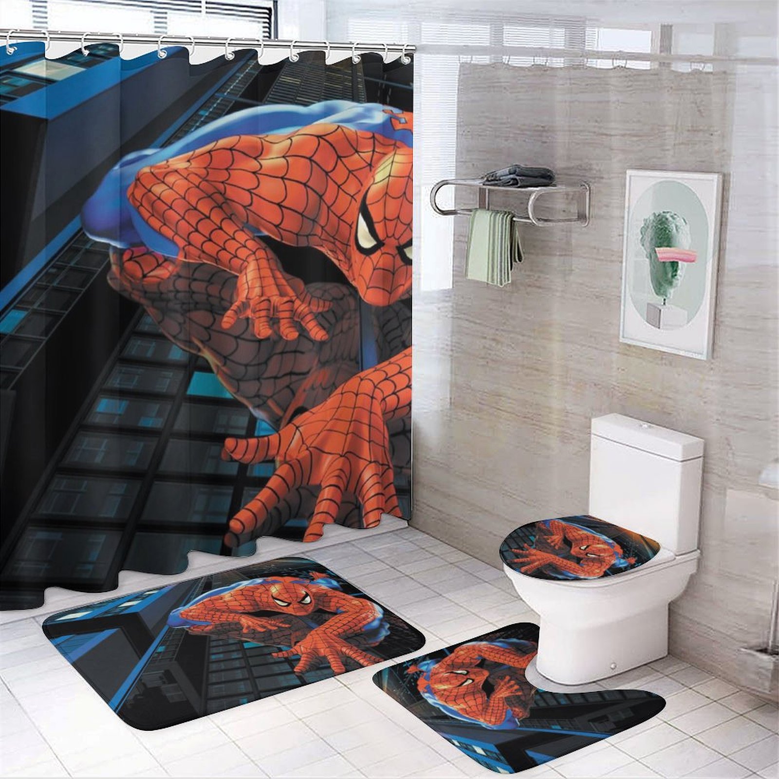Cartoon Spider Man 4 Piece Cute Shower Curtain Set - with Non-Slip Rugs ...