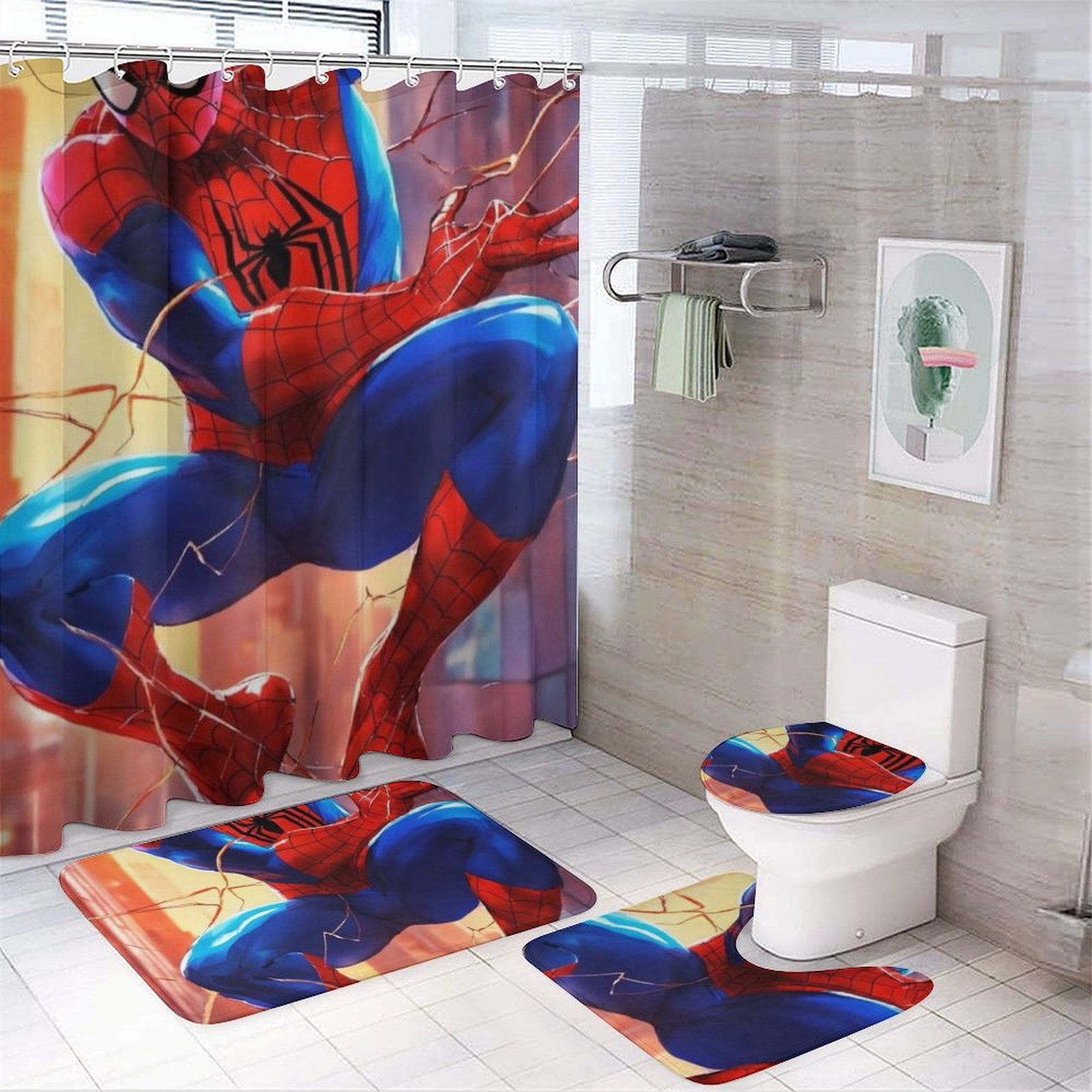 Cartoon Spider Man Shower Curtain Sets, 72''x72'' Cute Bath Curtain ...