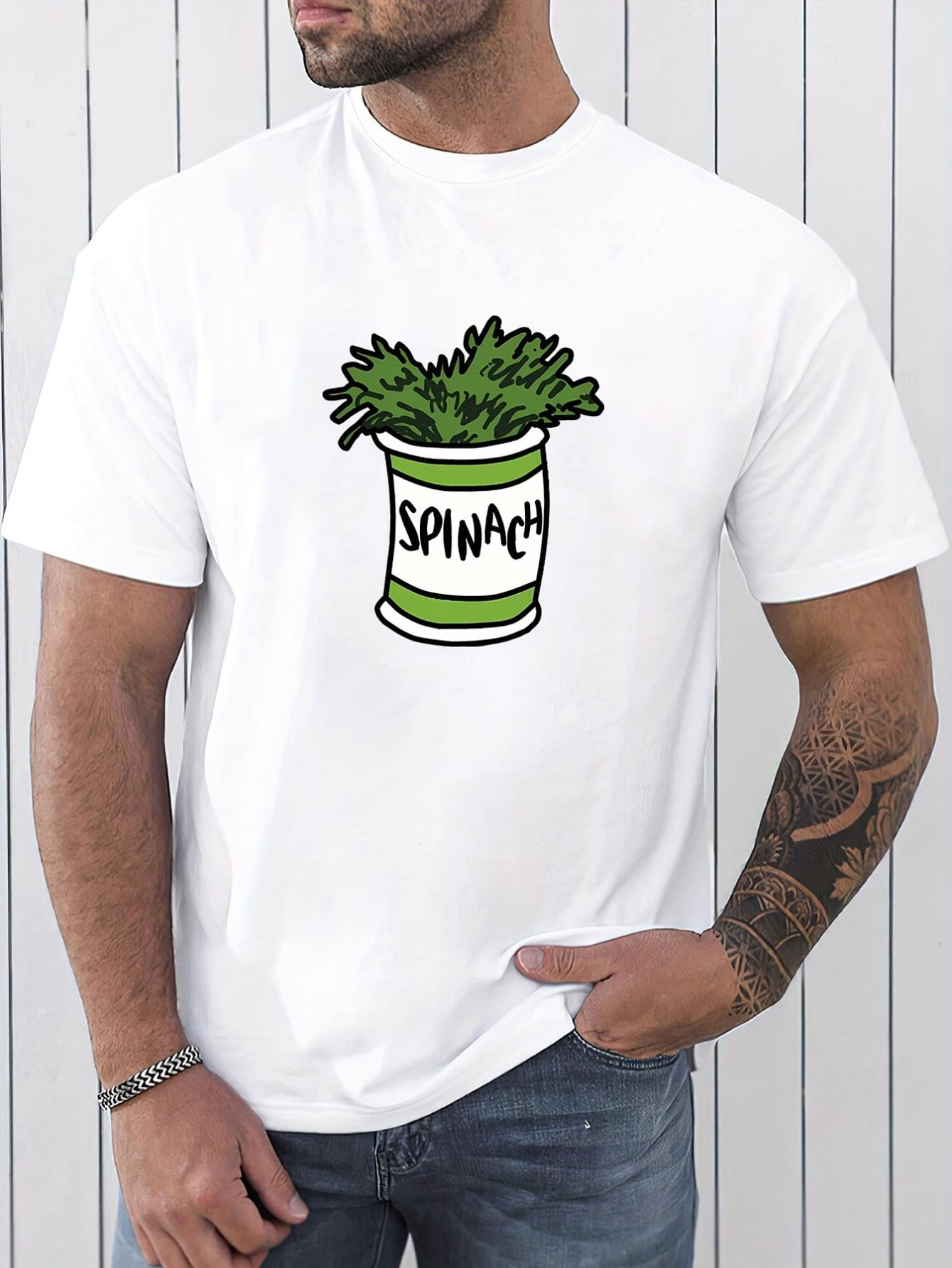 Cartoon Spinach Can Graphic Print, Men's Novel Graphic Design T-shirt ...