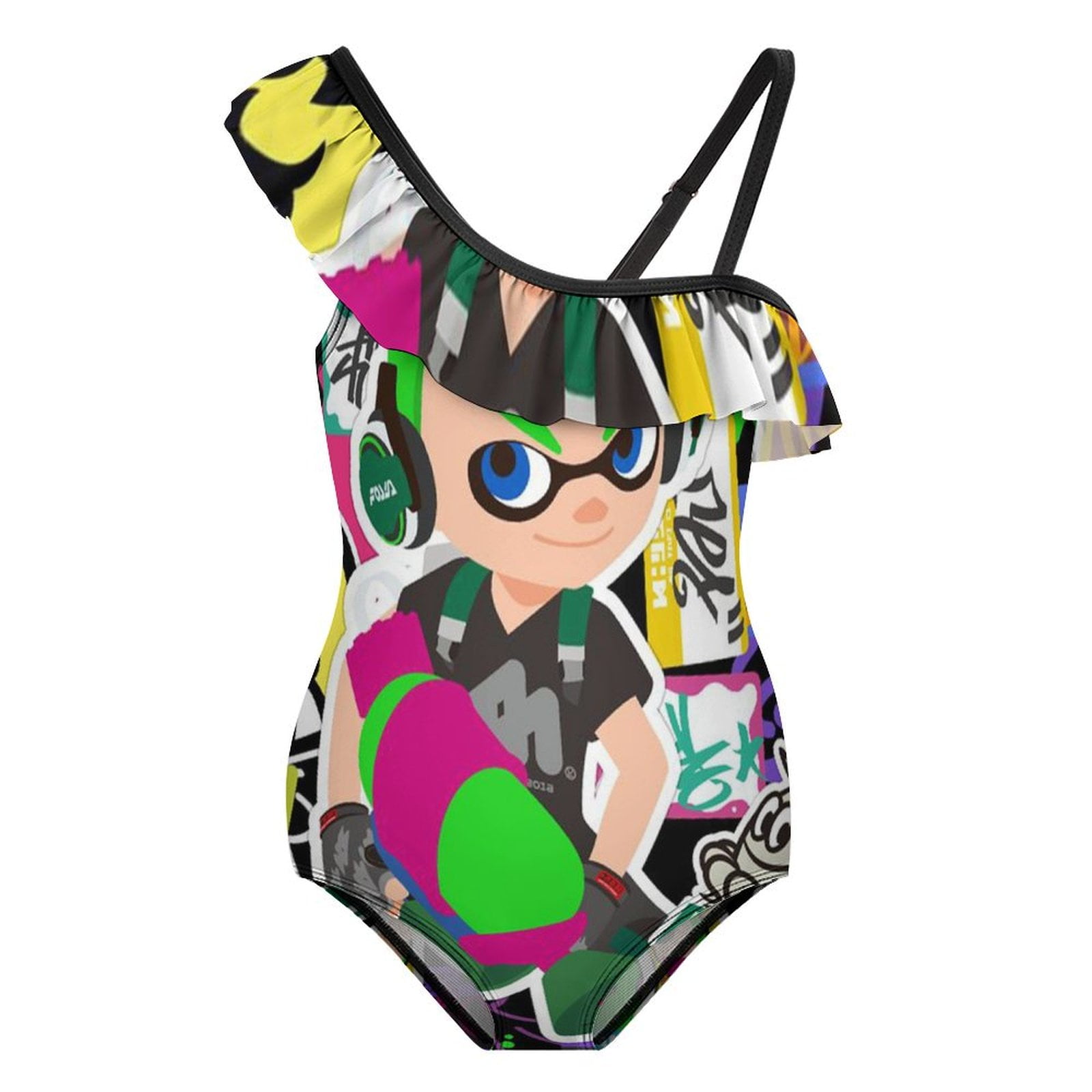 Cartoon Splatoon Kids Swimsuit Swimwear Adjustable One Shoulder Ruffled ...
