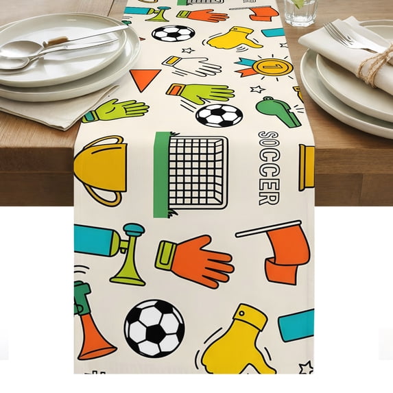 Cartoon Sport Soccer Table Runner Vintage Beige Football Pattern ...