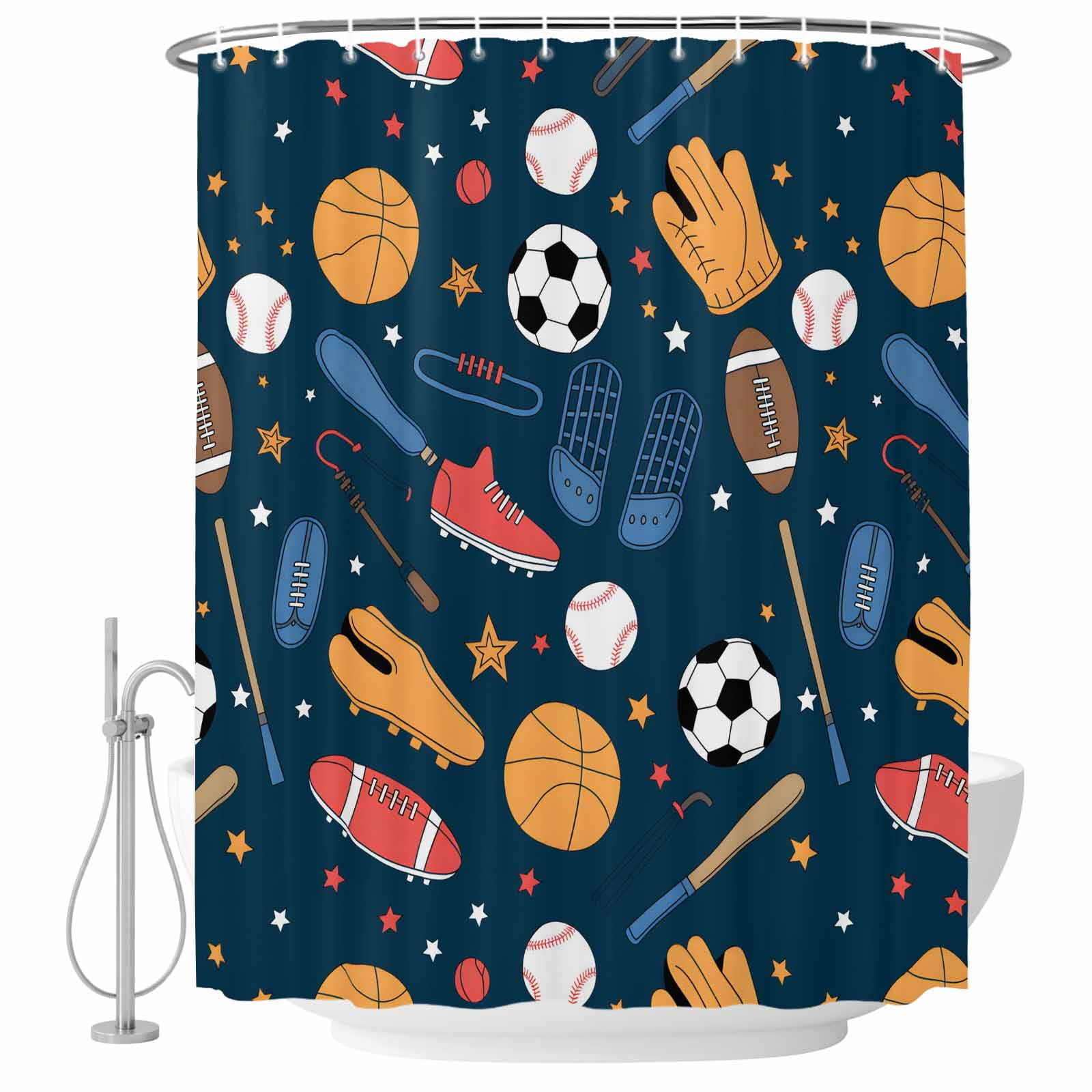 Cartoon Sports Bathroom Shower Curtains with Hooks, Baseball Soccer ...