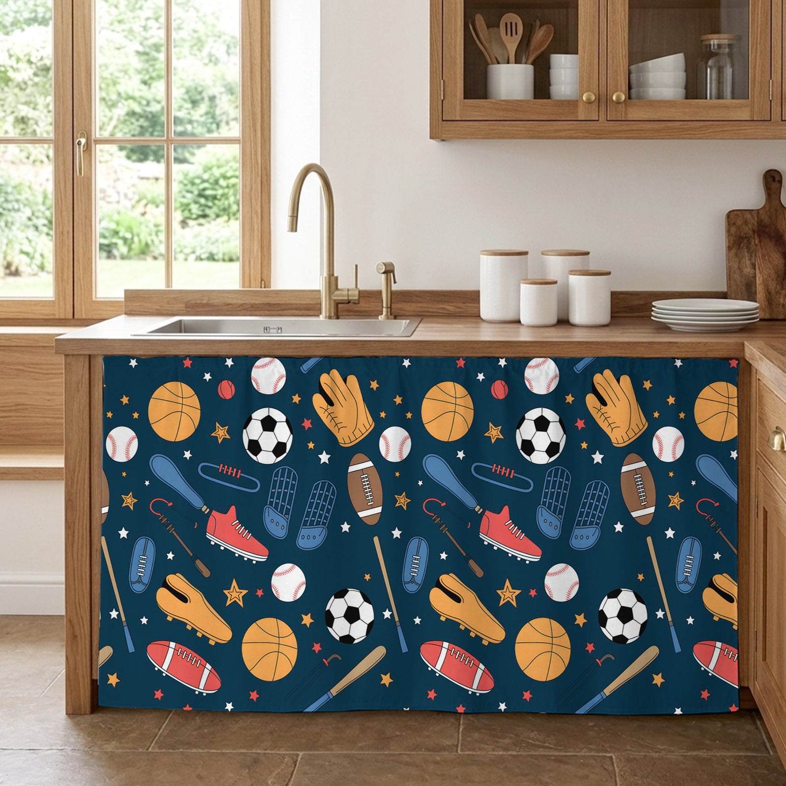Cartoon Sports Cabinet Curtains 32" W x 55" L Baseball Soccer ...