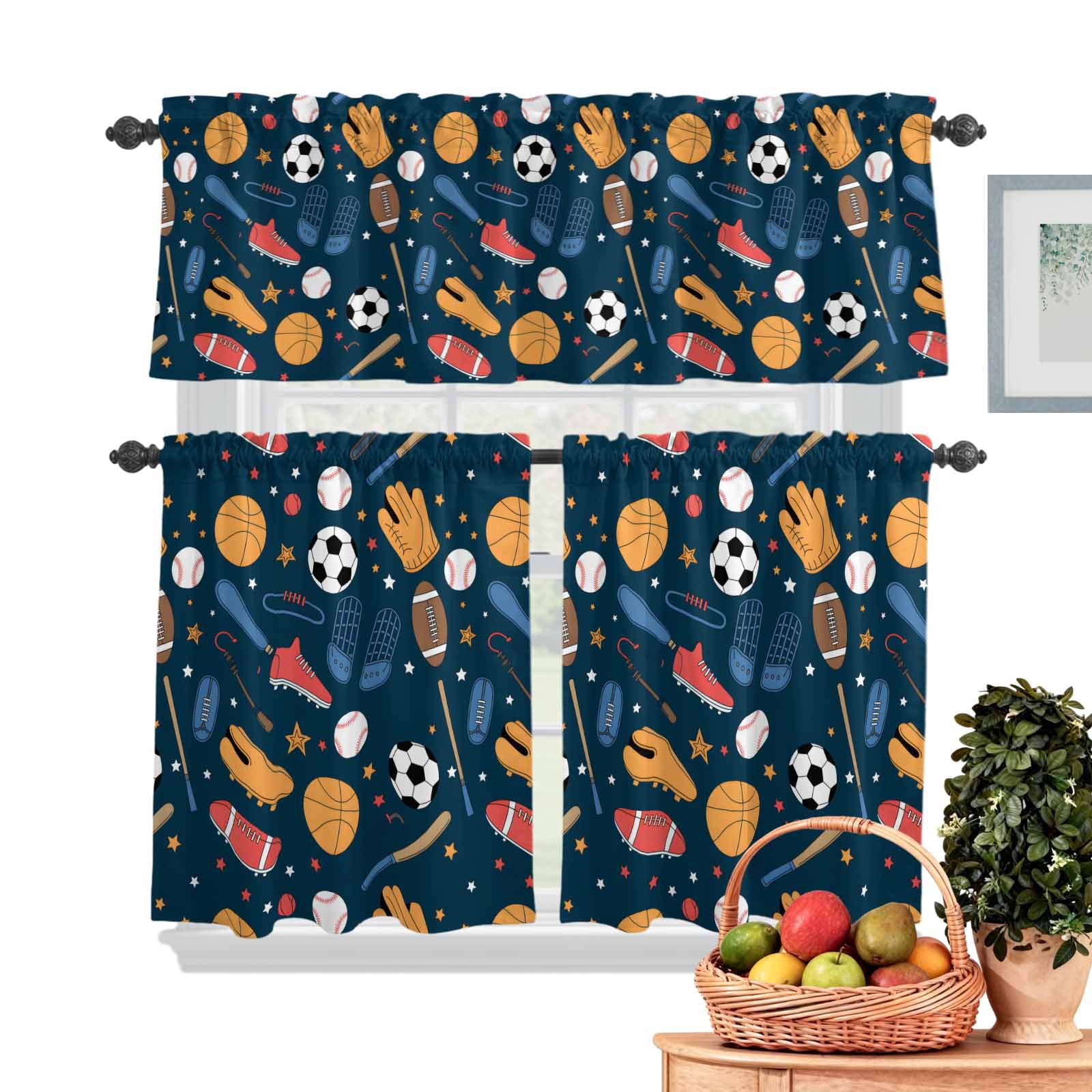 Cartoon Sports Kitchen Curtains Valances 3 Piece Set, Baseball Soccer ...