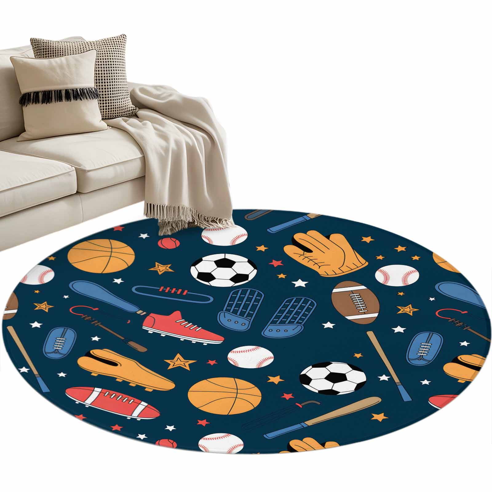 Cartoon Sports Round Area Rug 3.3ft Baseball Soccer Basketball Rugby ...