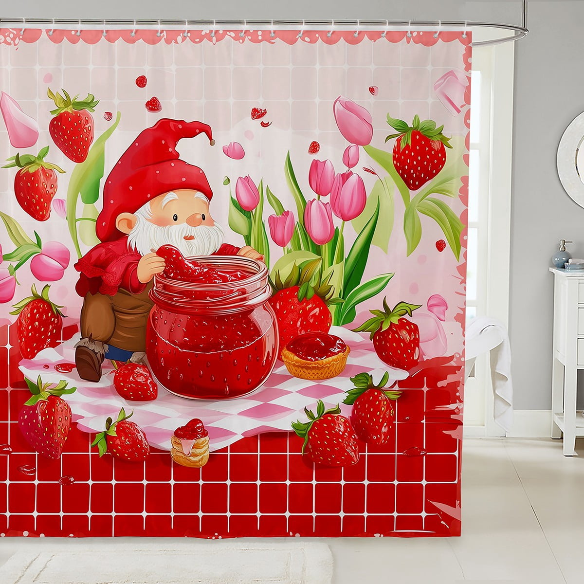Cartoon Spring Gnome Shower Curtain Red Strawberry Bath Curtain 72"Wx84 ...