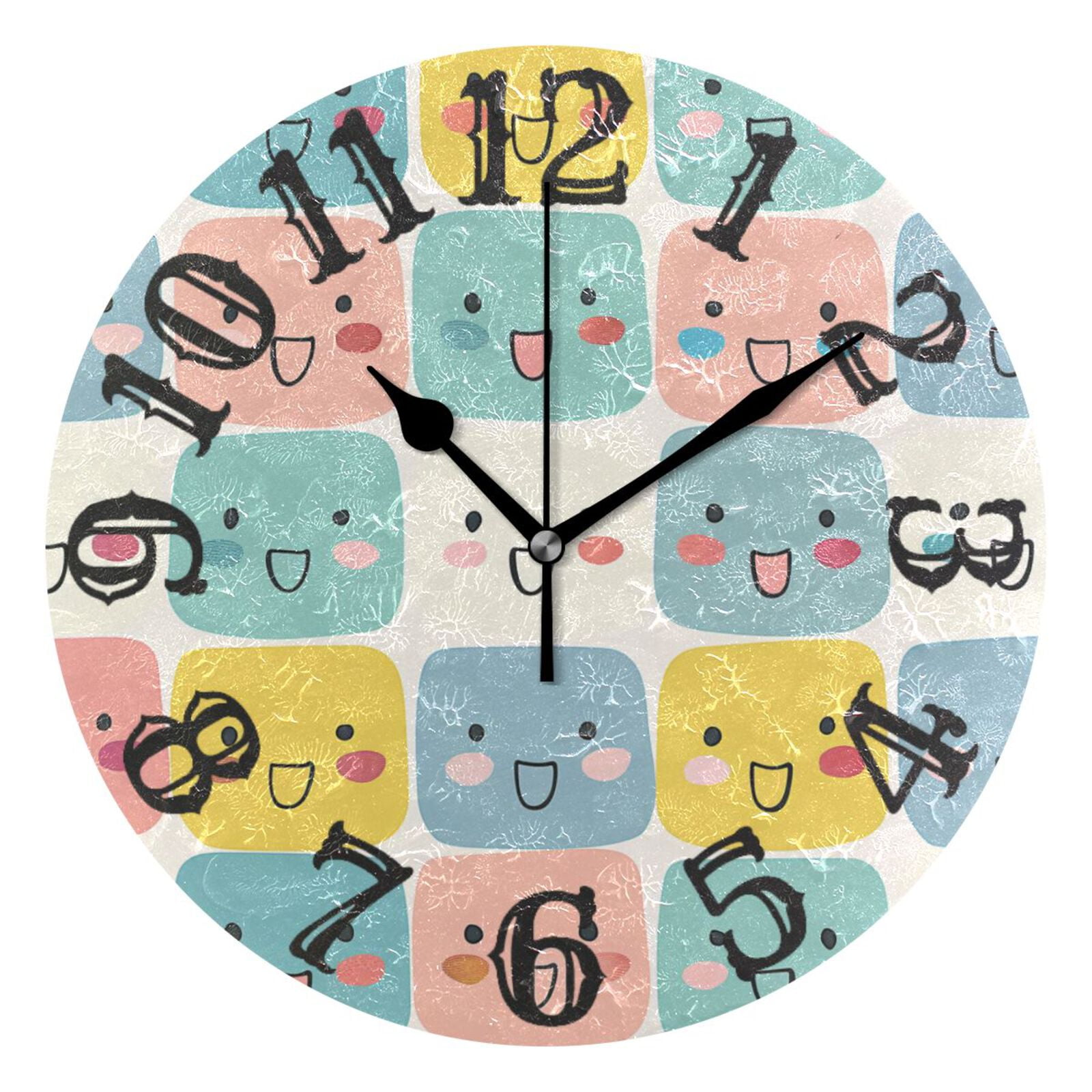Cartoon Square Faces Wall Clock 10 inch Non-Ticking Easy to Read ...