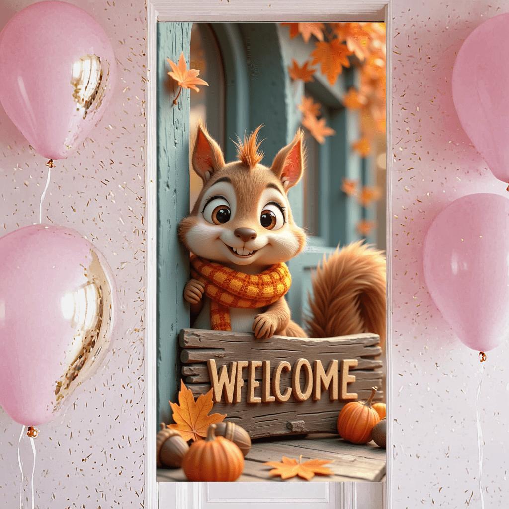 Cartoon Squirrel Welcome Sign Wood Background Fall Leaves Banner for ...