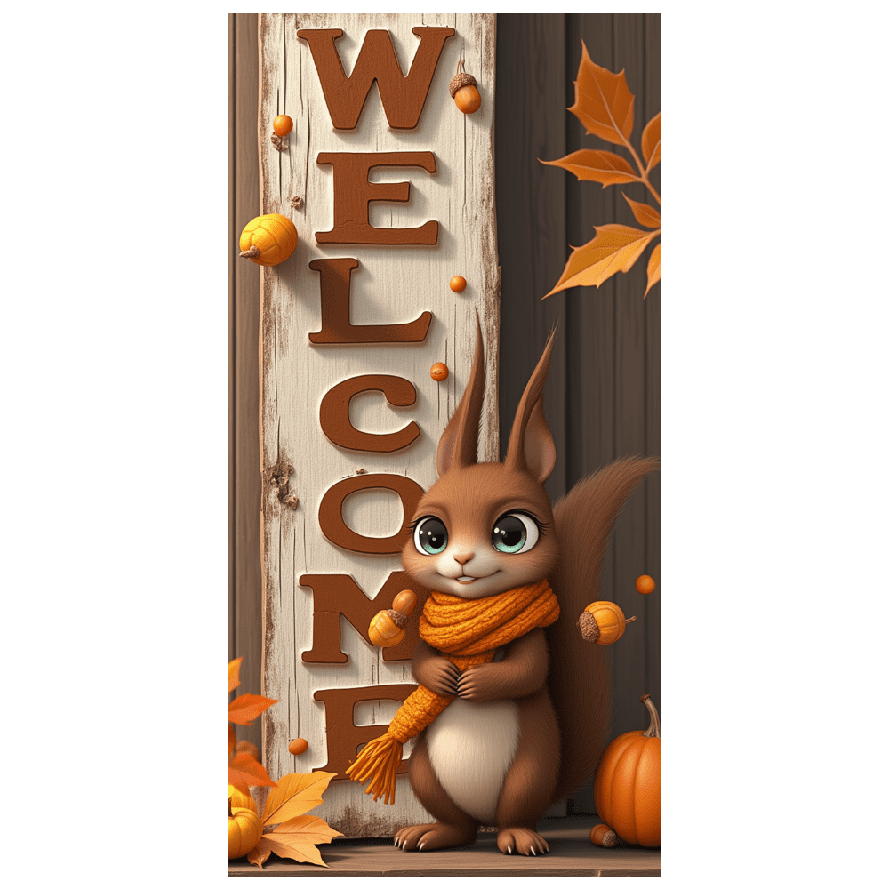 Cartoon Squirrel Welcome Sign Wood Background Fall Leaves Banner for ...