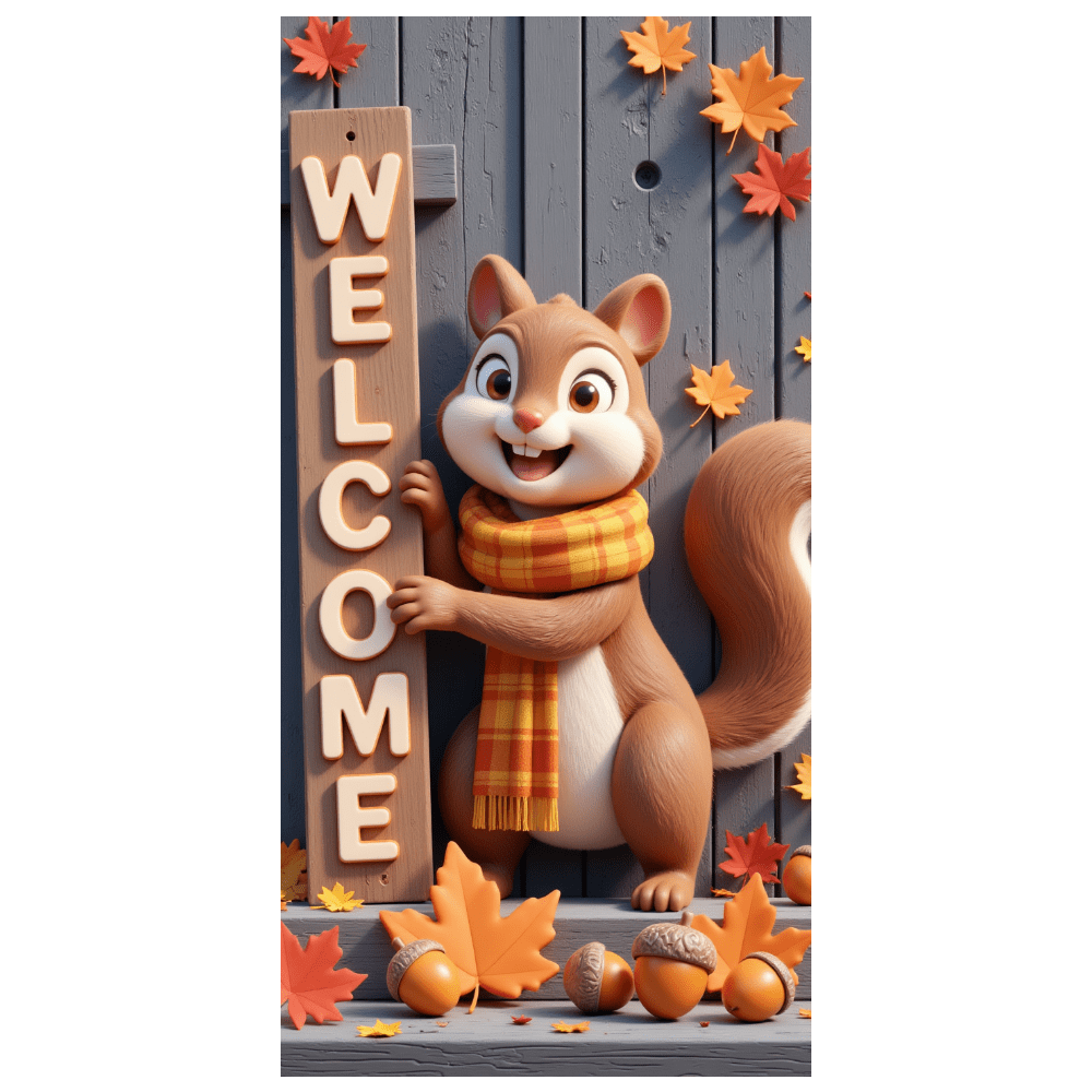 Cartoon Squirrel Welcome Sign Wood Background Fall Leaves Banner for ...