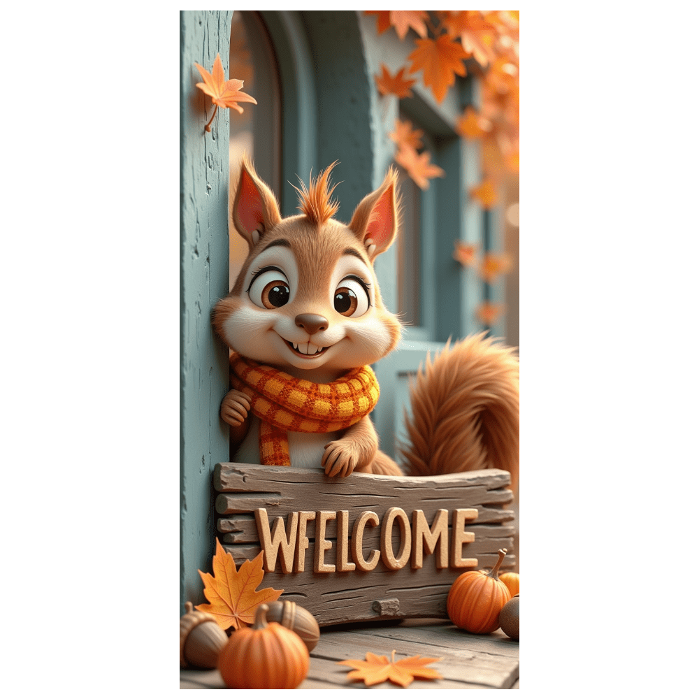 Cartoon Squirrel Welcome Sign Wood Background Fall Leaves Banner for ...