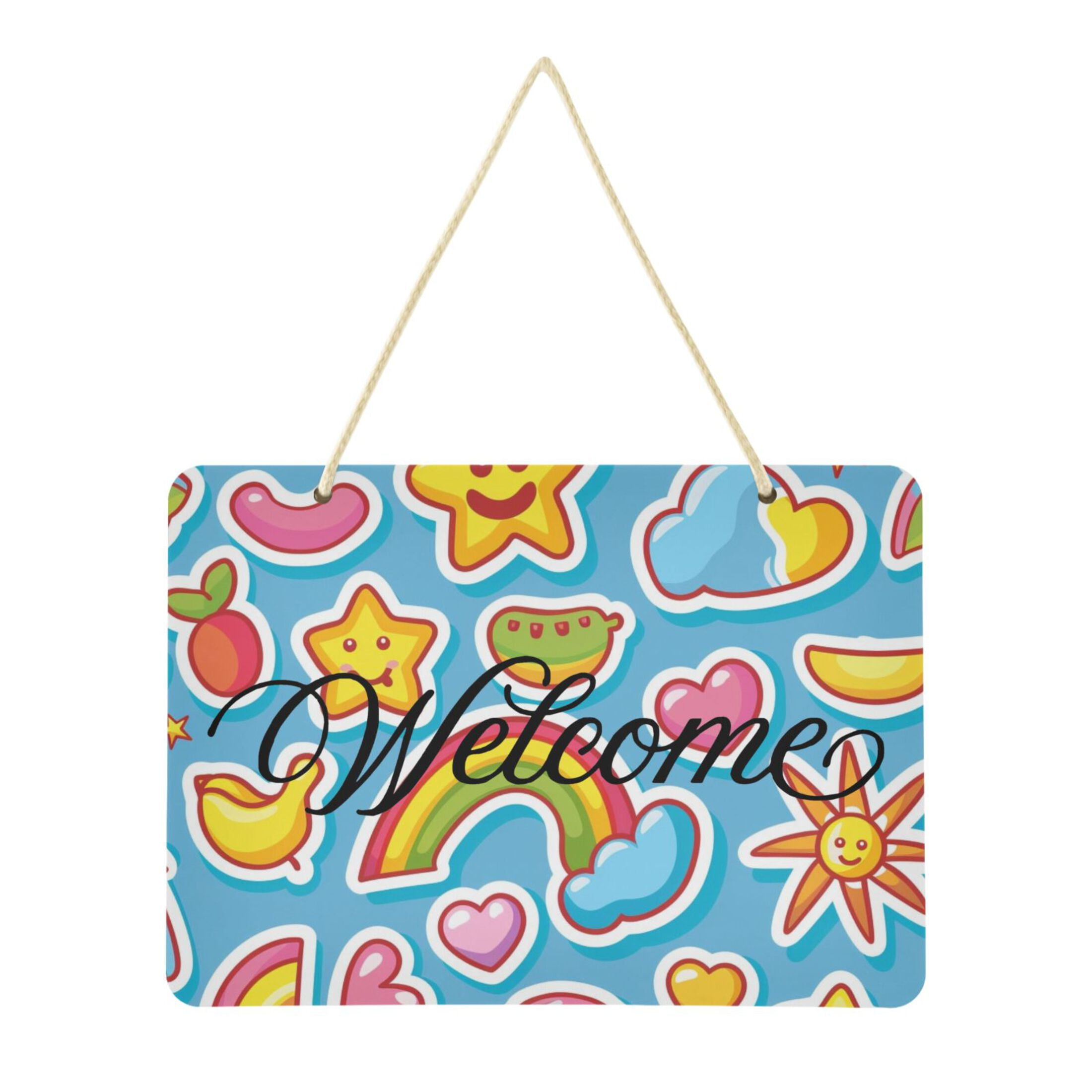 Cartoon Star Heart Rainbow Sun Welcome Sign Front Door PVC 14x10 inch ...
