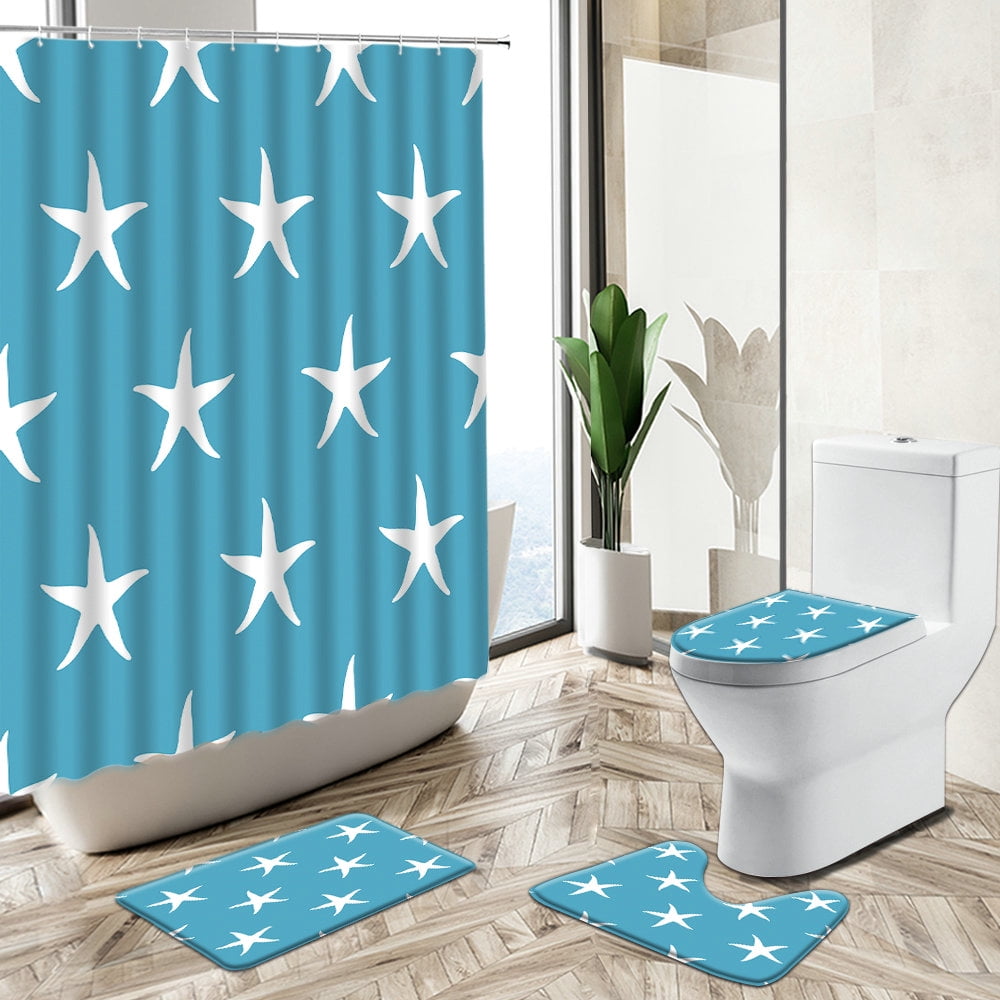 Cartoon Star Star Shower Curtains Child Bathroom Set Blue White Black ...