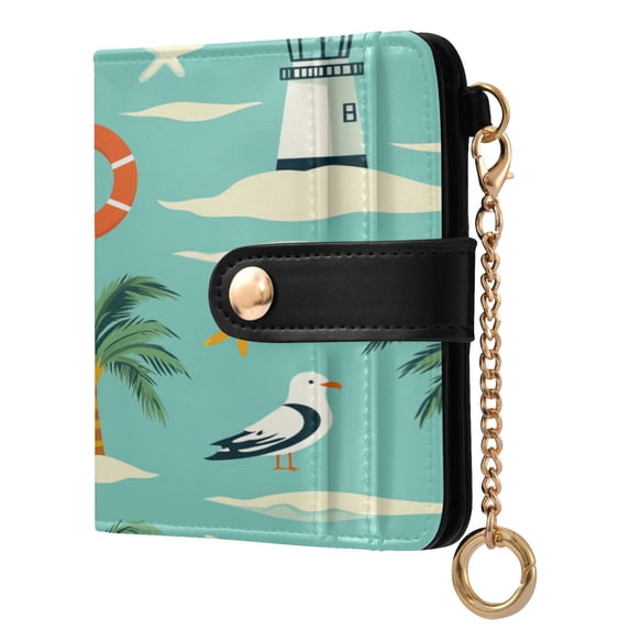 Cartoon Starfishes Seagulls Lighthouse Trees Women's Wallet PU Leather ...