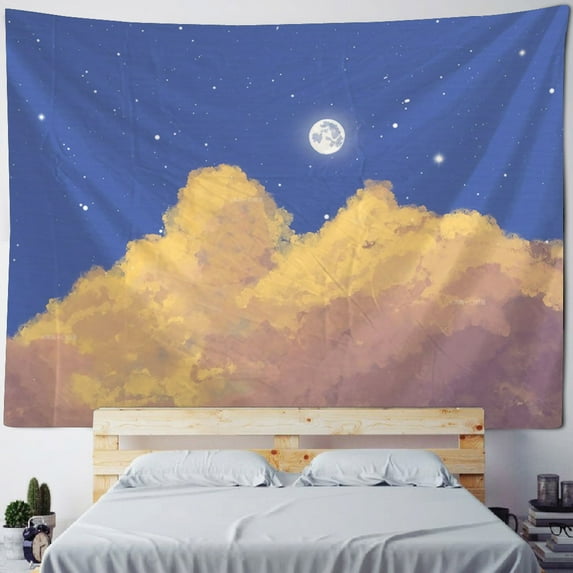 Cartoon Starry Sky Art Tapestry Pink Cloud Moon Wall Hanging Cloth ...