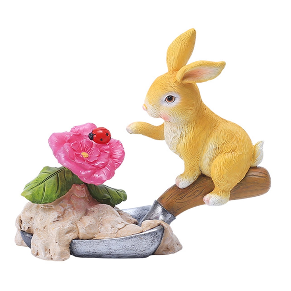 Cartoon Statue Solar Light Cute Animal Resin Sitting Shovel White ...