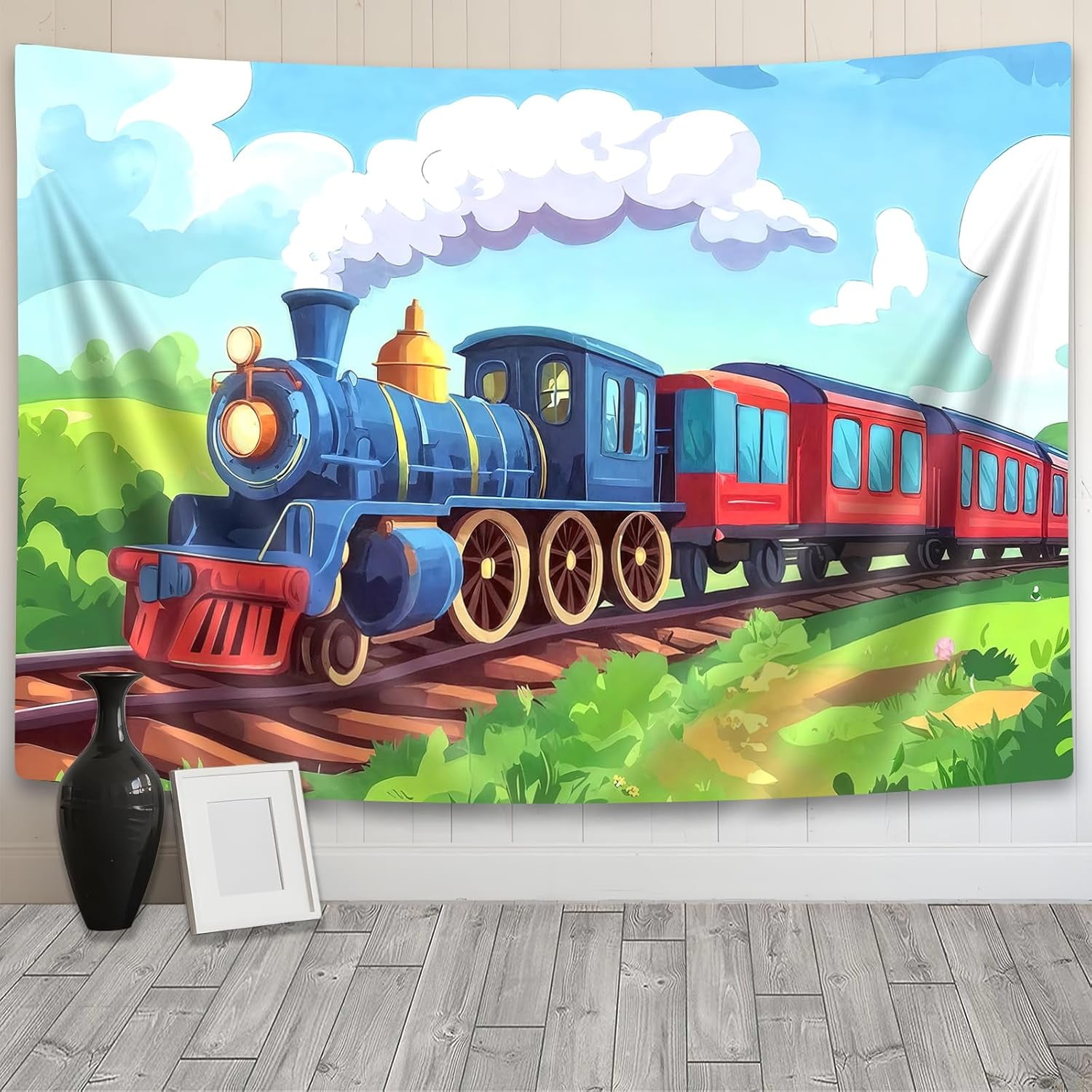 Cartoon Steam Train Tapestry,Train Driving on Railroad Track Tapestries ...