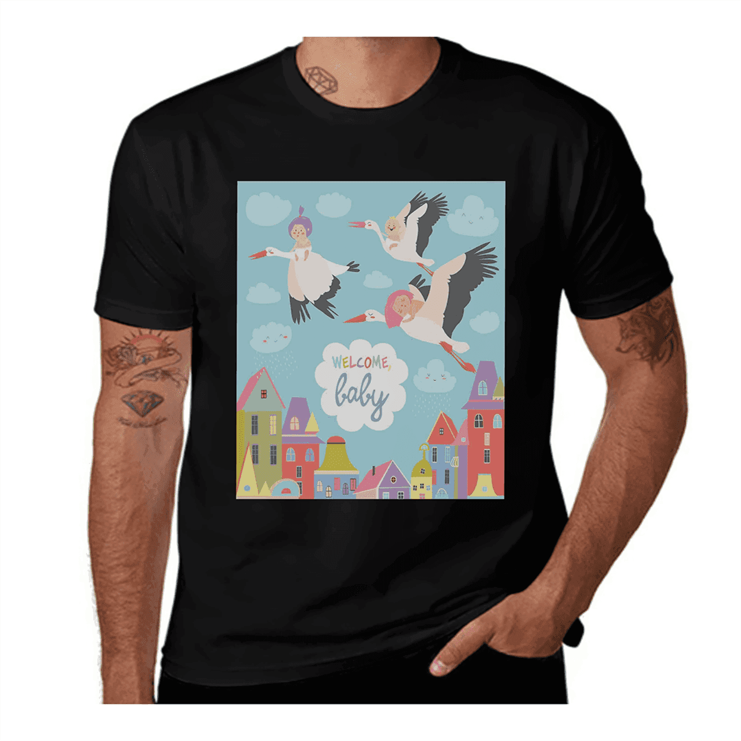 Cartoon Storks-Baby Shower-Multicolor Casual Streetwea Everyday Tshirt ...