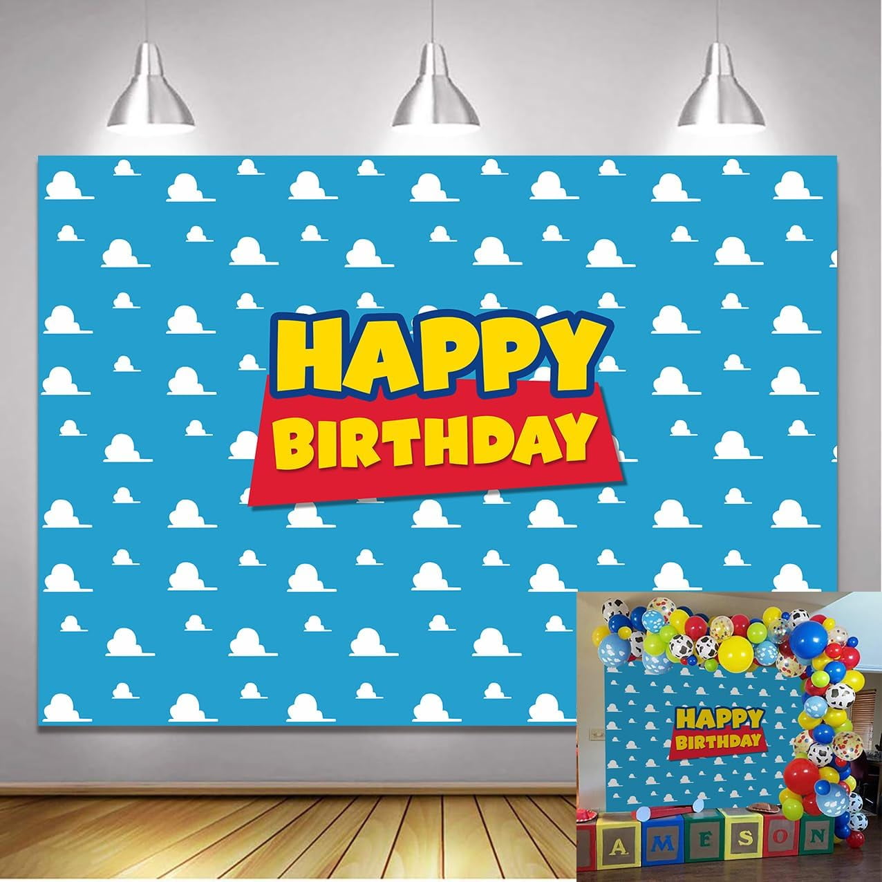 Cartoon Story Backdrop Blue Sky White Clouds Background Kids Birthday ...