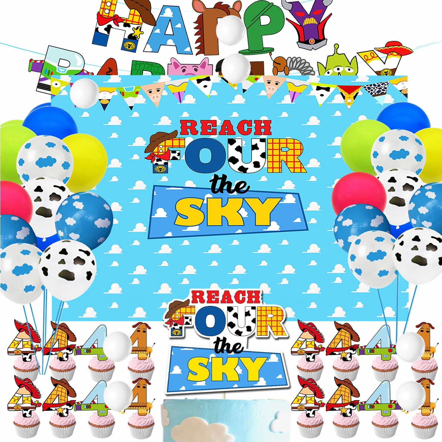 Cartoon Story PartyTRDN Supplies 4th Birthday include Reach Four The Sky Cake Topper Backdrop ...
