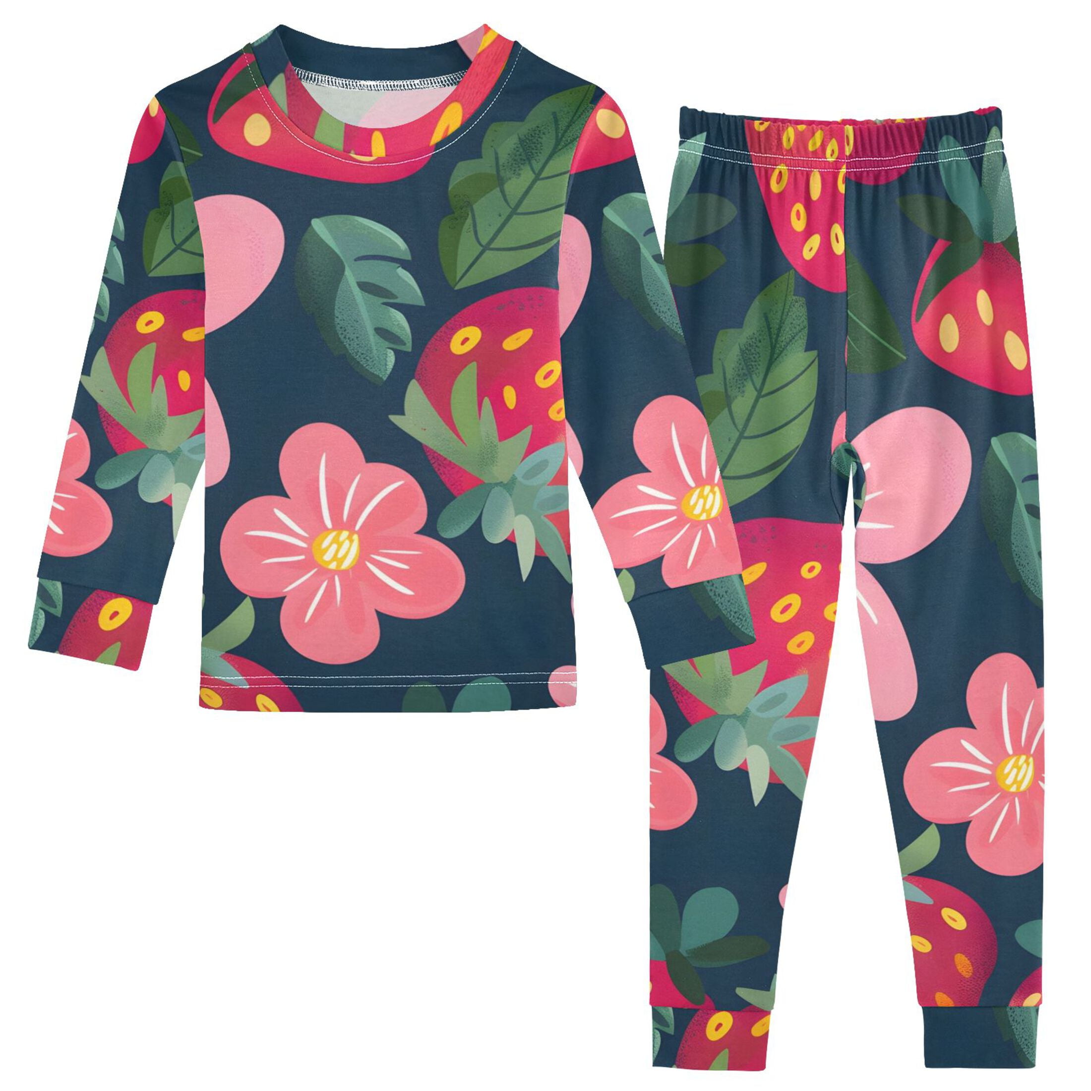 Cartoon Strawberries Flowers Leaves Cotton Pajama Set Long Sleeve Top ...